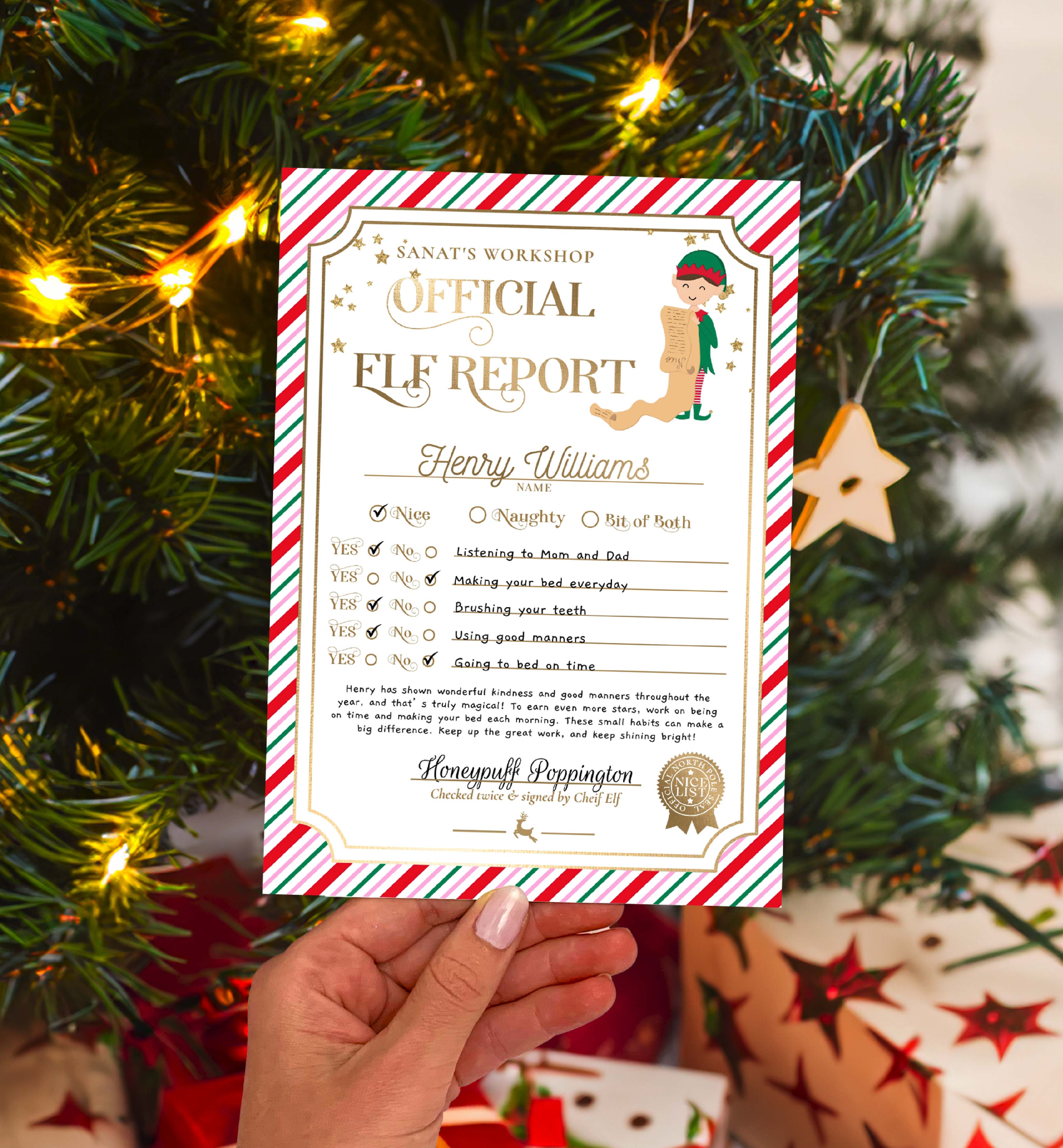 Santa's Workshop Pink Multi | Printable Christmas Elf Report Card Temp ...