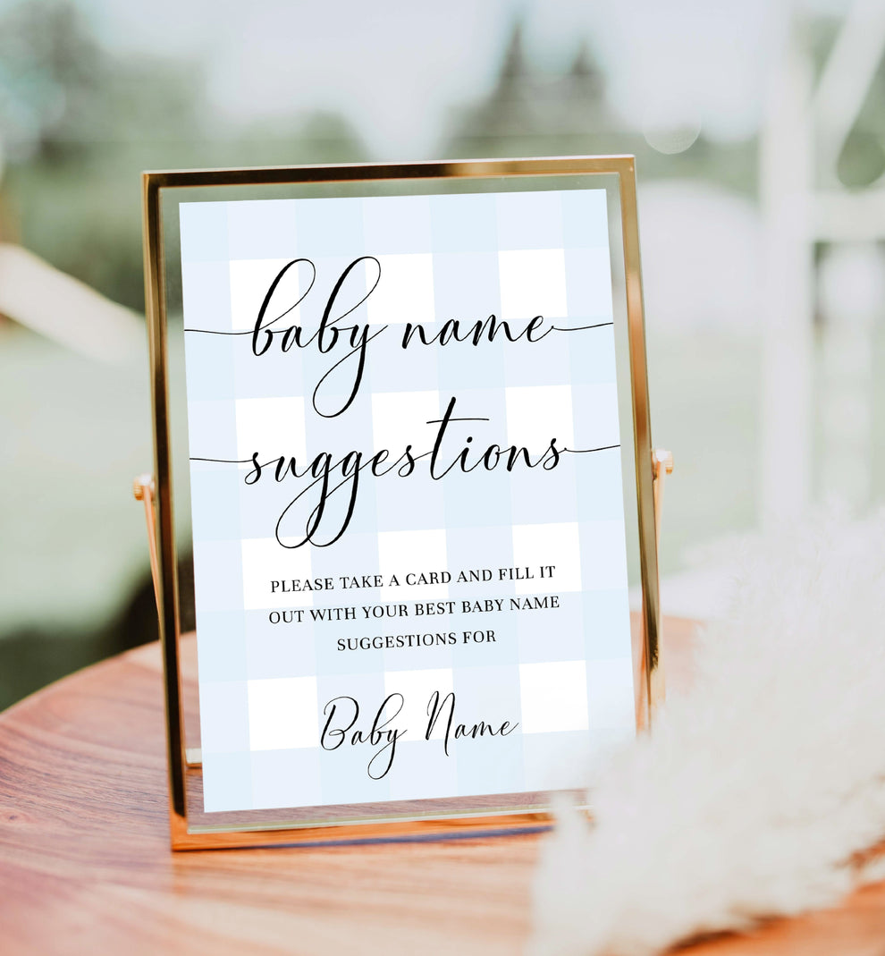 Gingham Blue | Printable Baby Name Suggestion Game Sign and Card Templ ...
