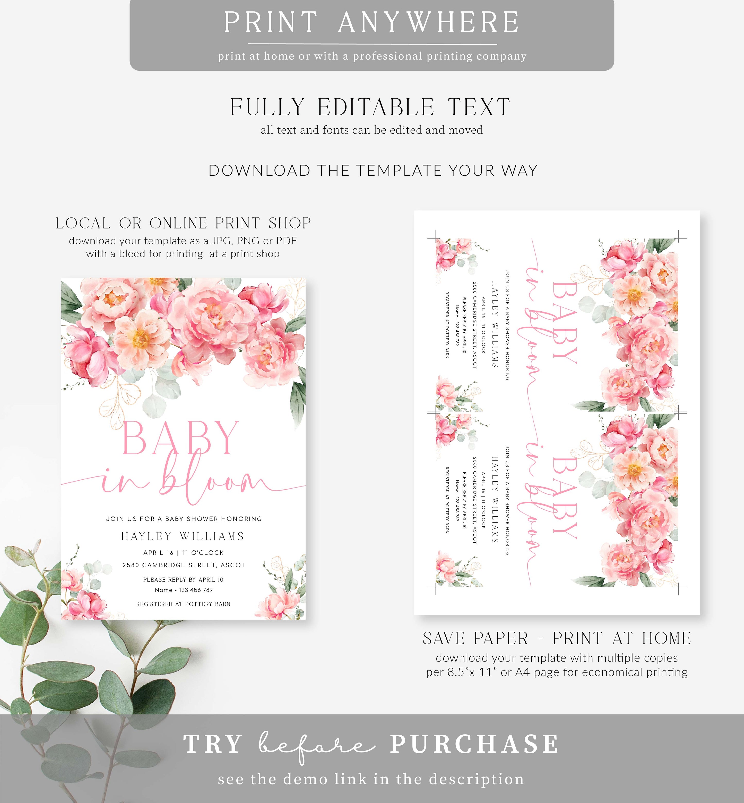 Piper Floral White | Printable Baby In Bloom Baby Shower Invitation Te ...
