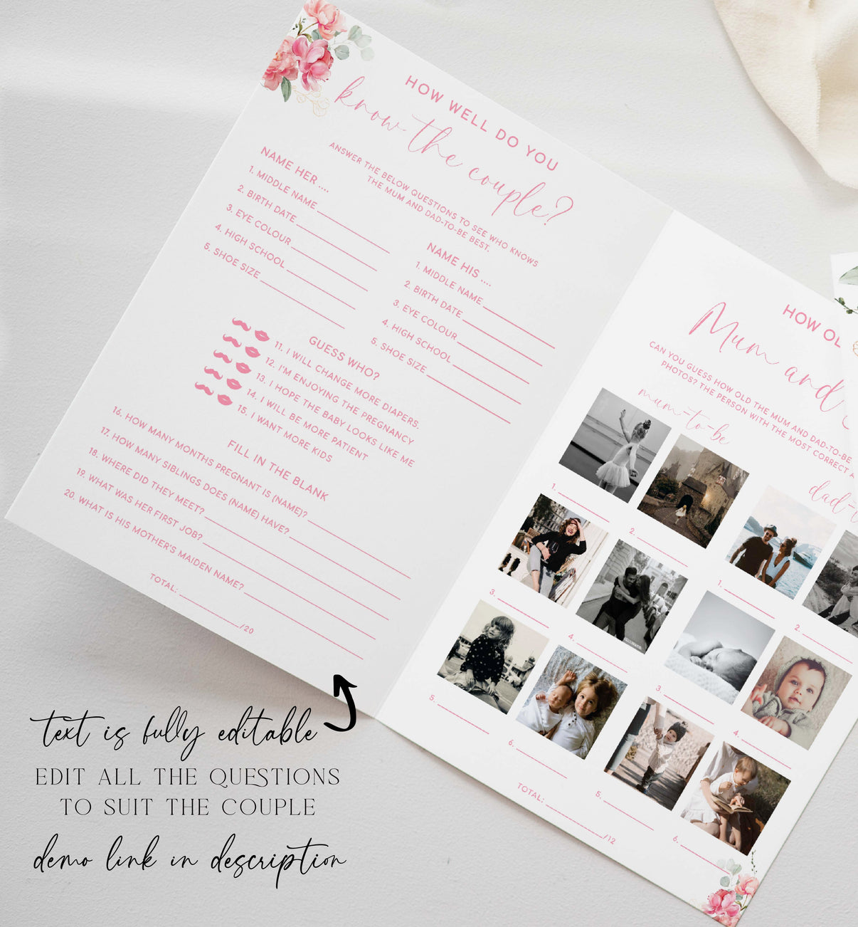 Piper Floral White | Printable Baby Shower Game Booklet Template ...