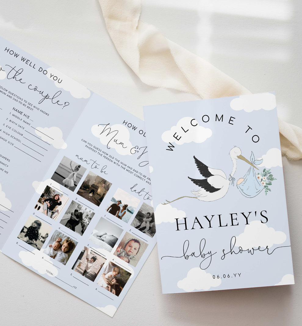 Stork Blue | Printable Baby Shower Game Booklet Template – Black Bow Studio