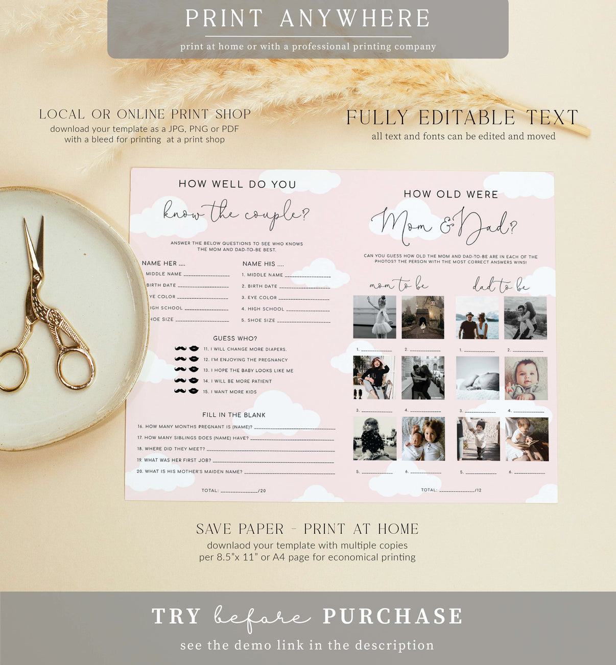 Stork Pink | Printable Baby Shower Game Booklet Template – Black Bow Studio