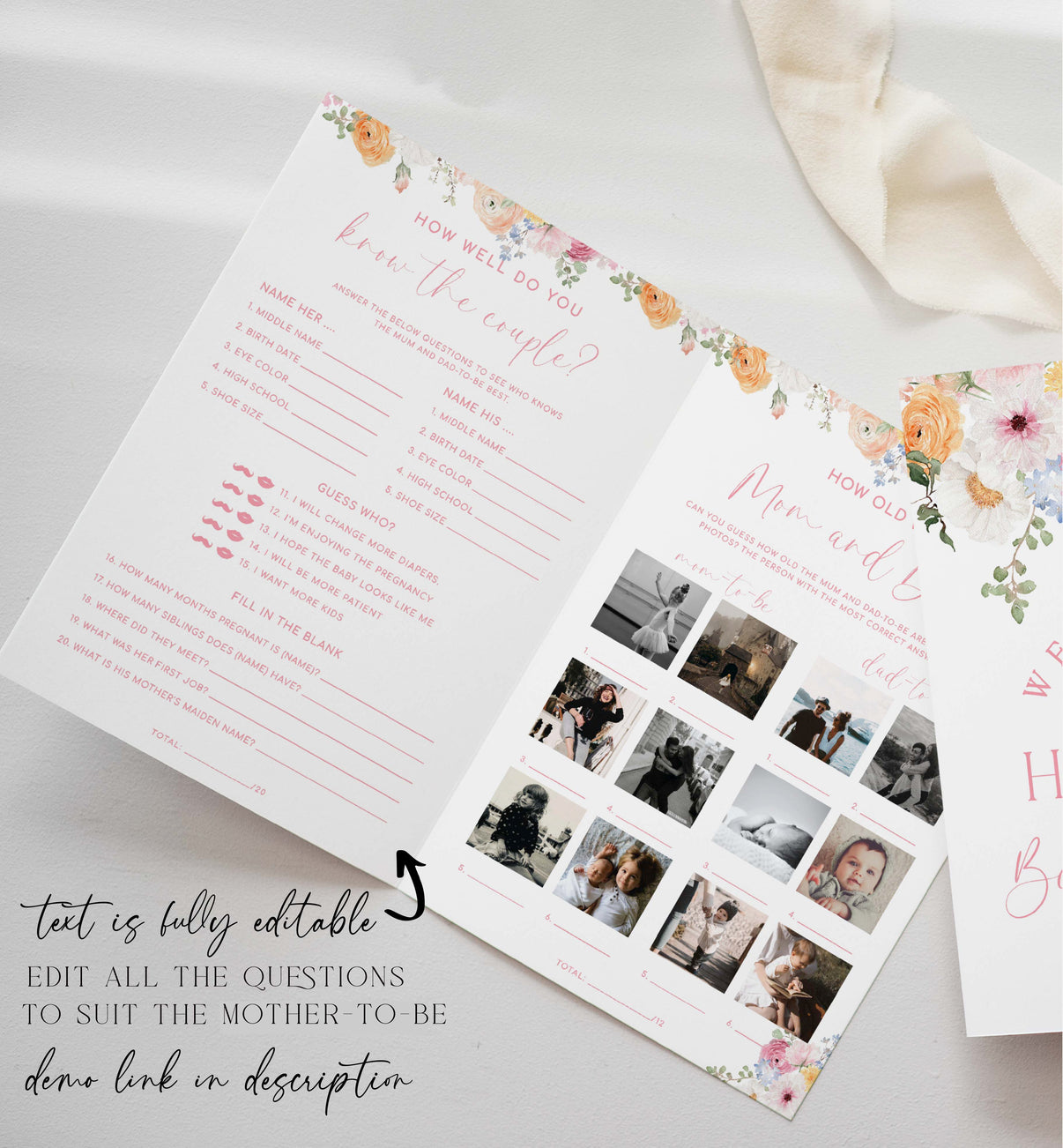 Millie Floral | Printable Baby Shower Game and Menu Booklet Template ...