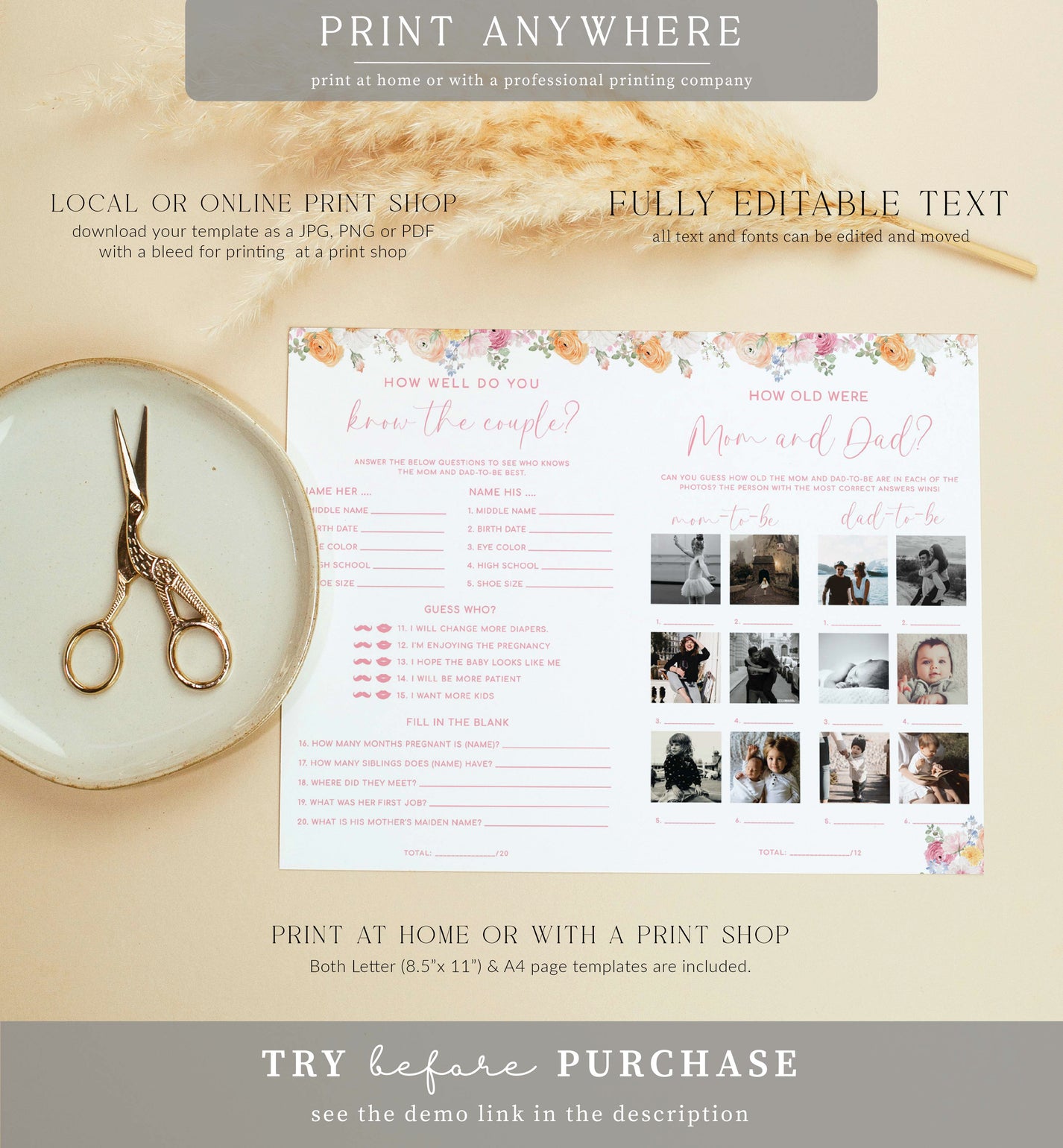 Millie Floral | Printable Baby Shower Game and Menu Booklet Template ...