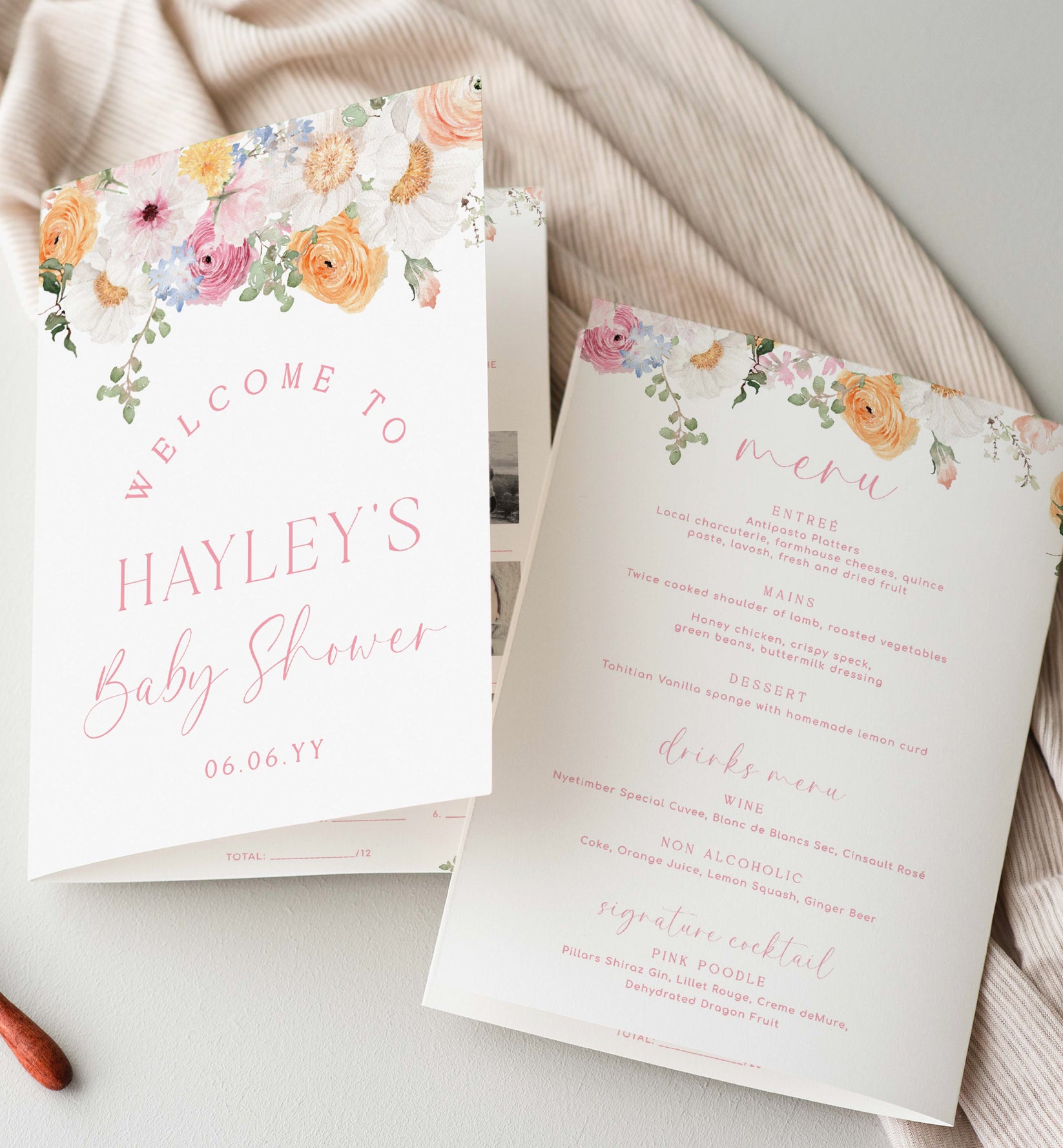 Millie Floral | Printable Baby Shower Game and Menu Booklet Template ...