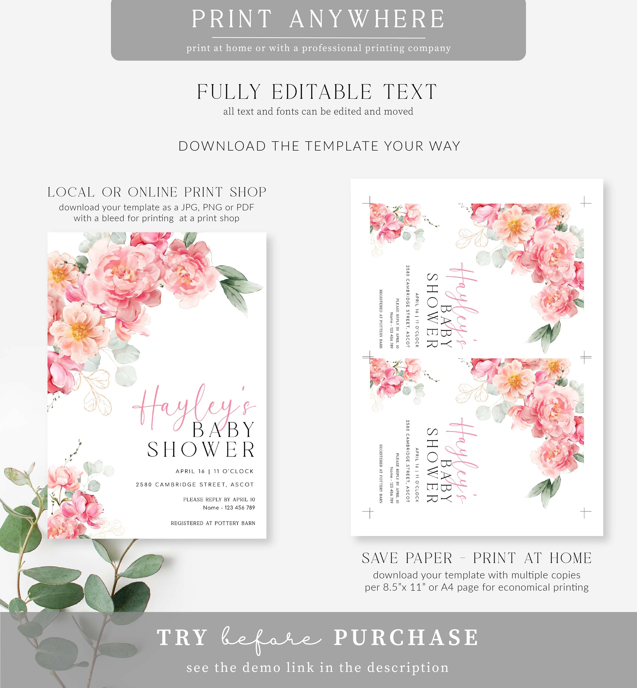 Piper Floral White | Printable Baby Shower Invitation Template – Black ...