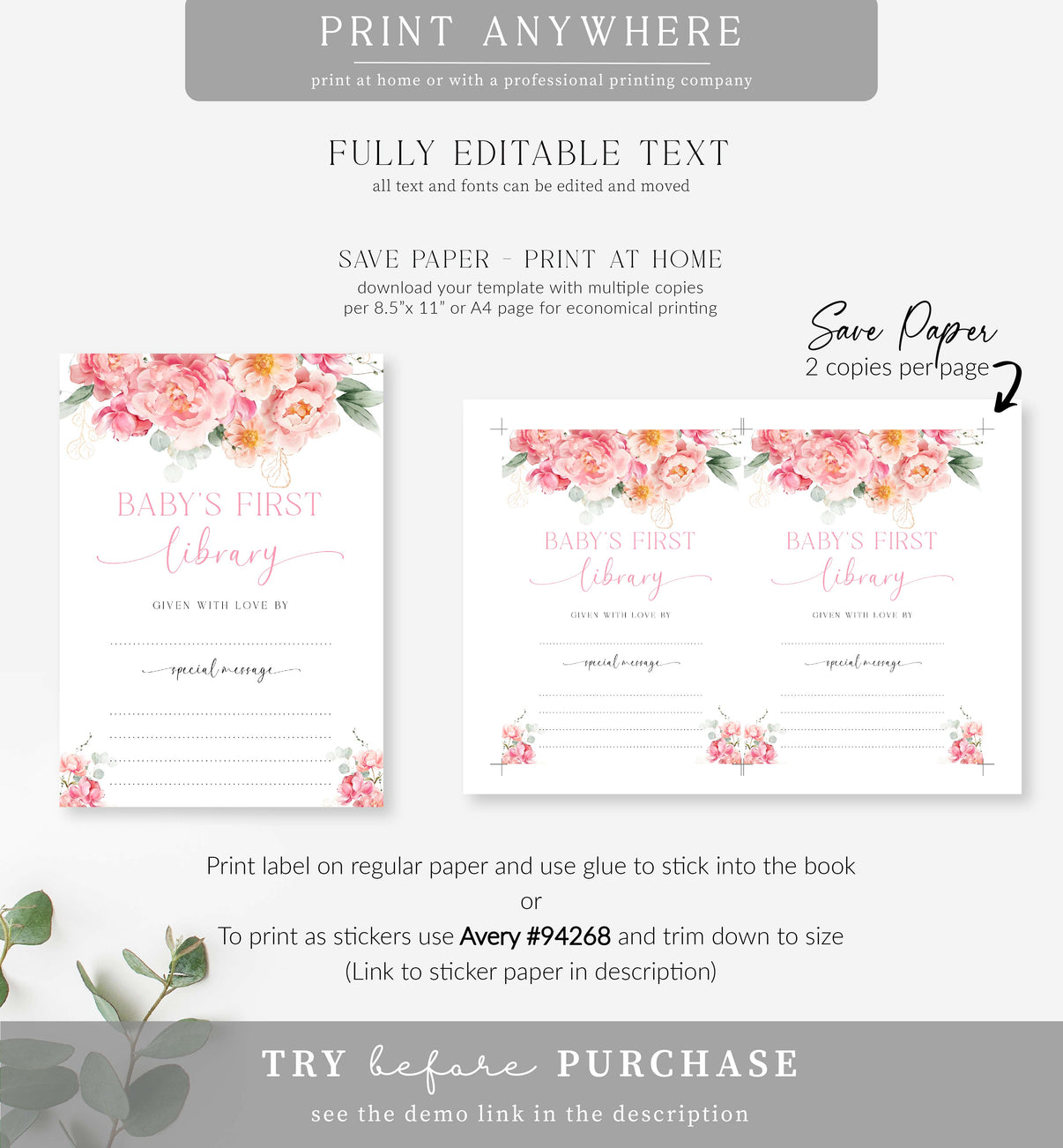 Piper Floral White | Printable Bookplate Label Template – Black Bow Studio