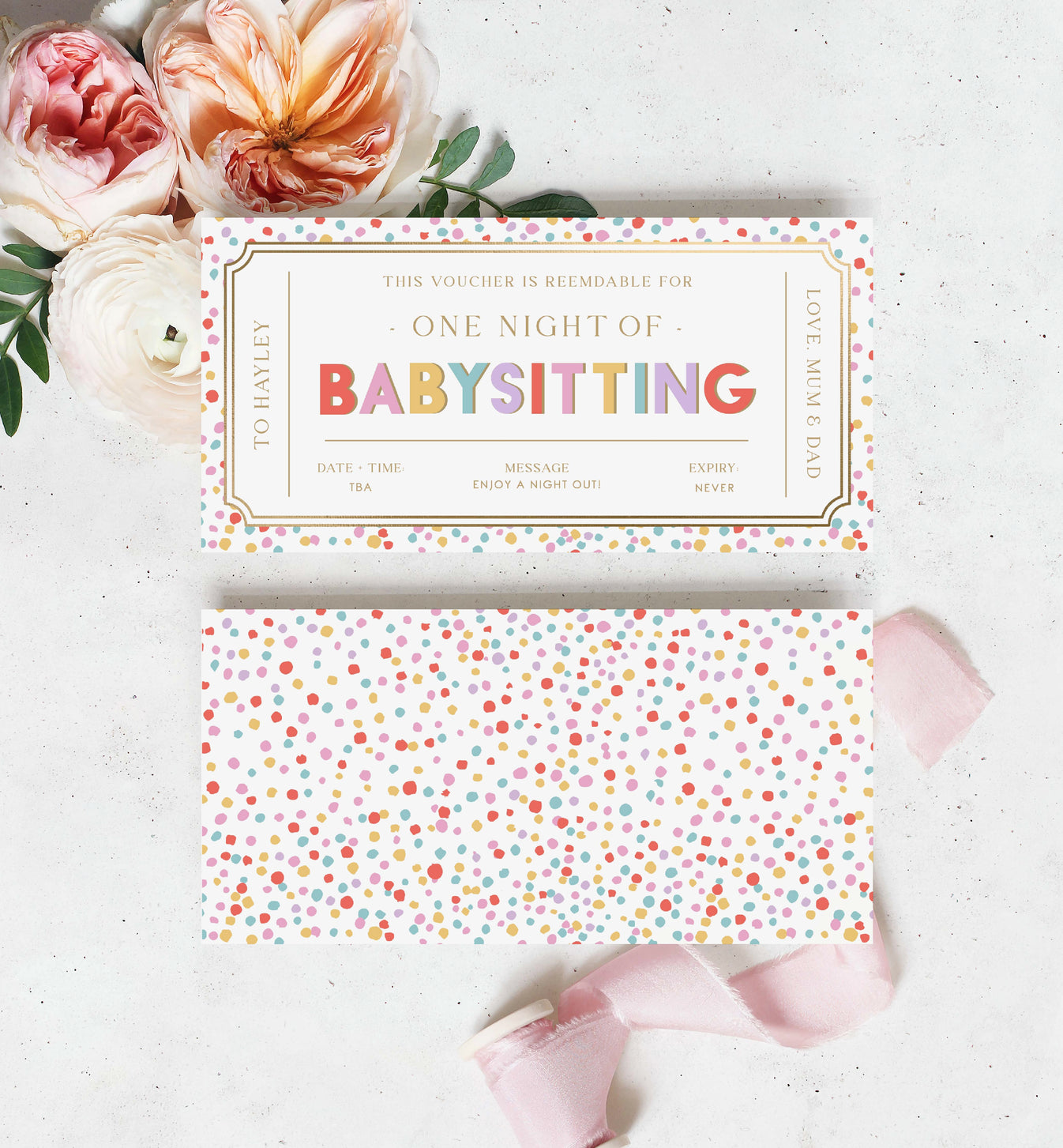 Dot Multi | Printable Babysitting Gift Voucher Template – Black Bow Studio