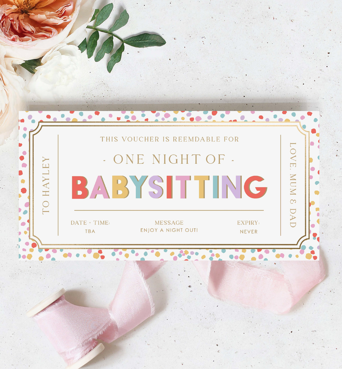 Dot Multi | Printable Babysitting Gift Voucher Template – Black Bow Studio
