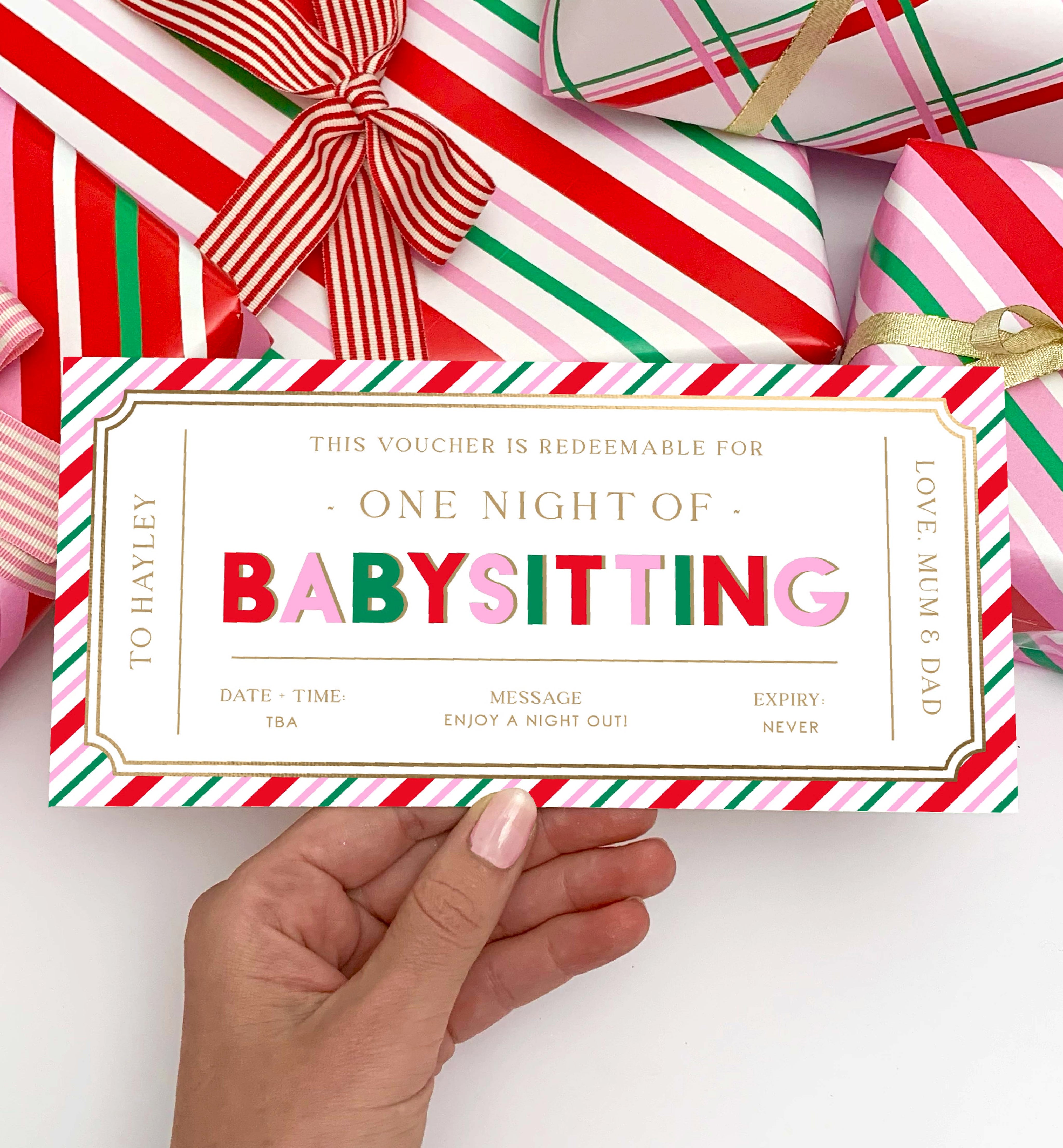 Stripe Pink Multi | Printable Babysitting Gift Voucher Template – Black ...