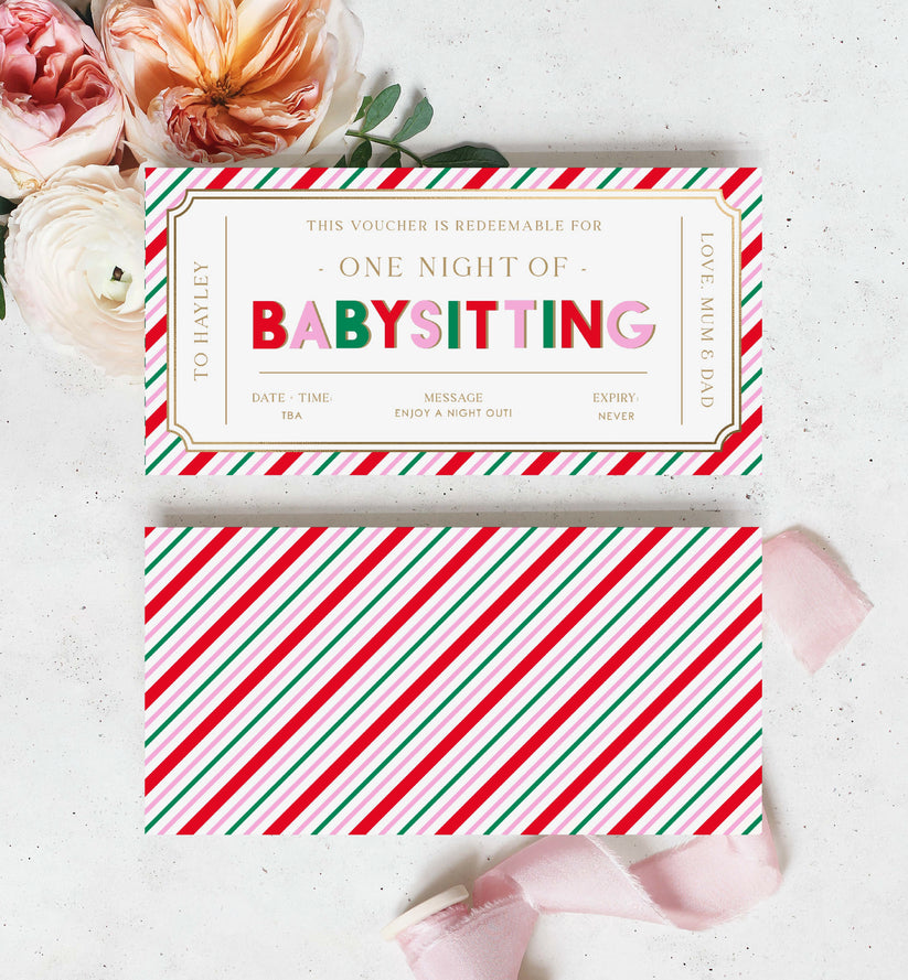 Stripe Pink Multi | Printable Babysitting Gift Voucher Template – Black ...