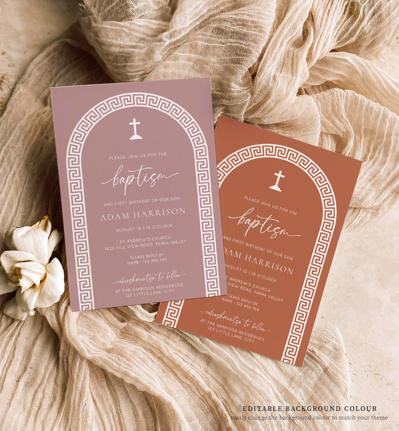 Greek Key Arch Blue | Printable Baptism Invitation Template – Black Bow ...