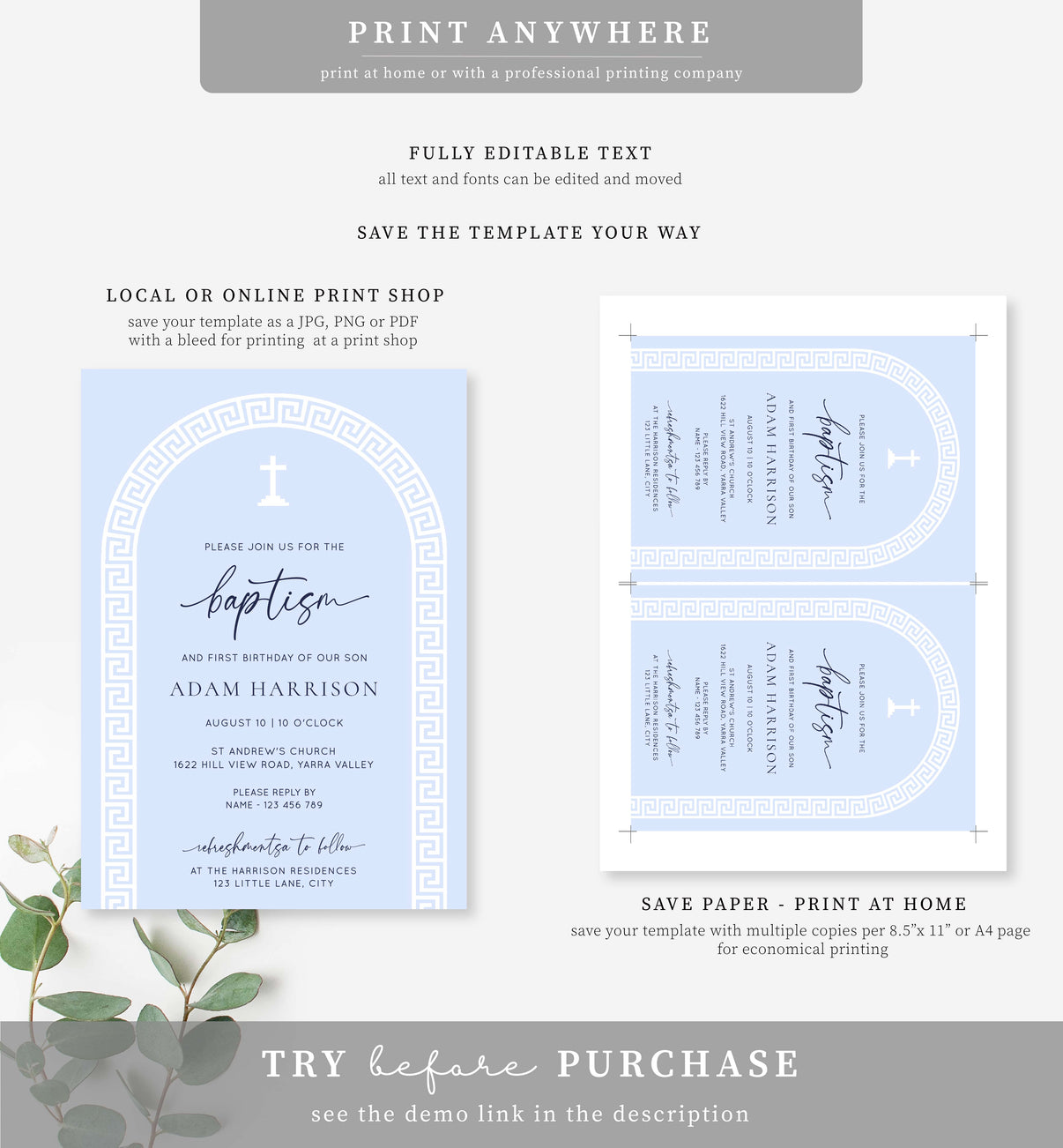 Greek Key Arch Blue | Printable Baptism Invitation Template – Black Bow ...