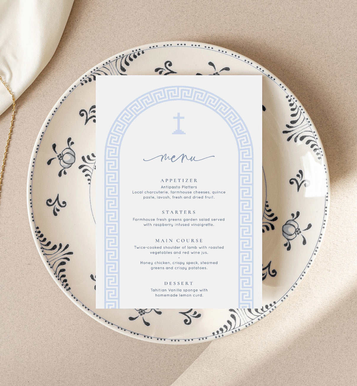 Greek Key Arch White | Printable Baptism Menu Template – Black Bow Studio
