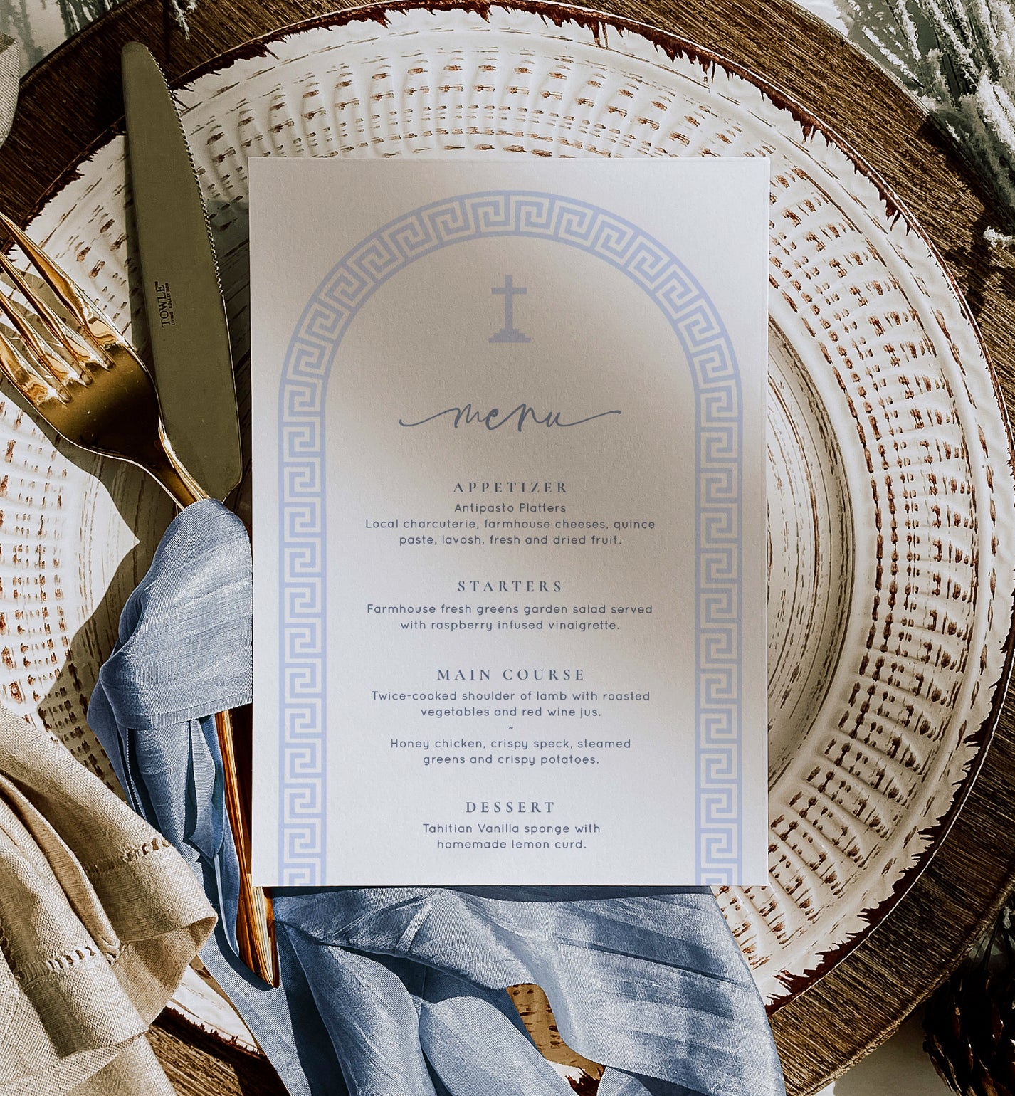 Greek Key Arch White | Printable Baptism Menu Template – Black Bow Studio
