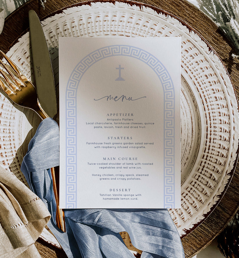 Greek Key Arch White | Printable Baptism Menu Template – Black Bow Studio