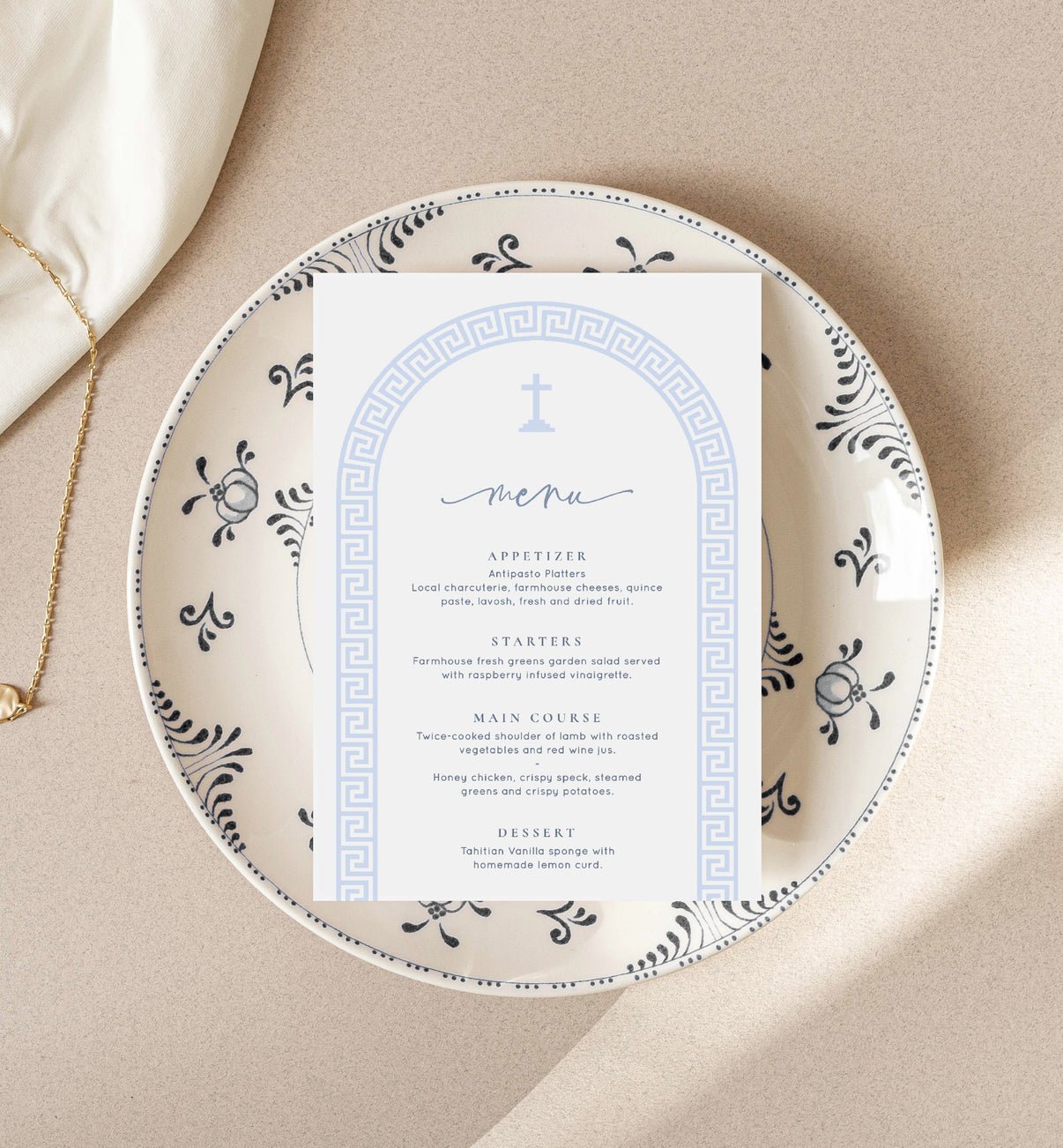 Greek Key Arch White | Printable Baptism Menu Template – Black Bow Studio
