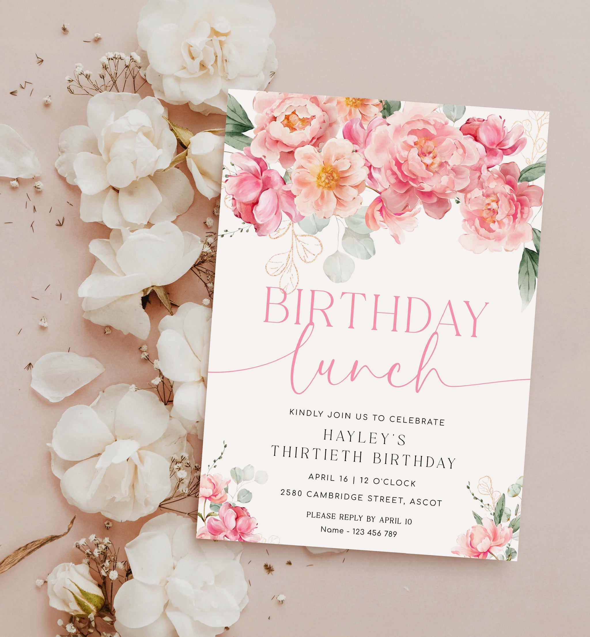 Piper Floral White | Printable Birthday Lunch Invitation Template ...