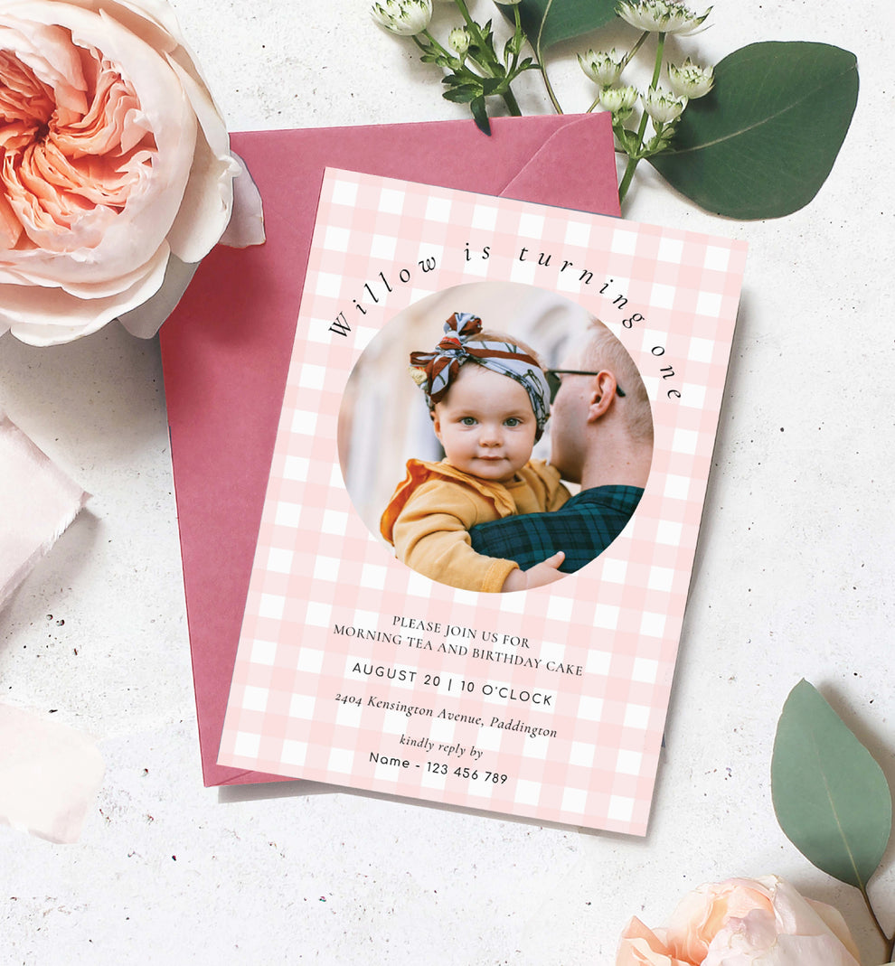 Gingham Pink | Printable Birthday Photo Invitation Template – Black Bow ...