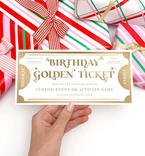 Golden Ticket Gold | Printable Birthday Custom Gift Voucher Template ...