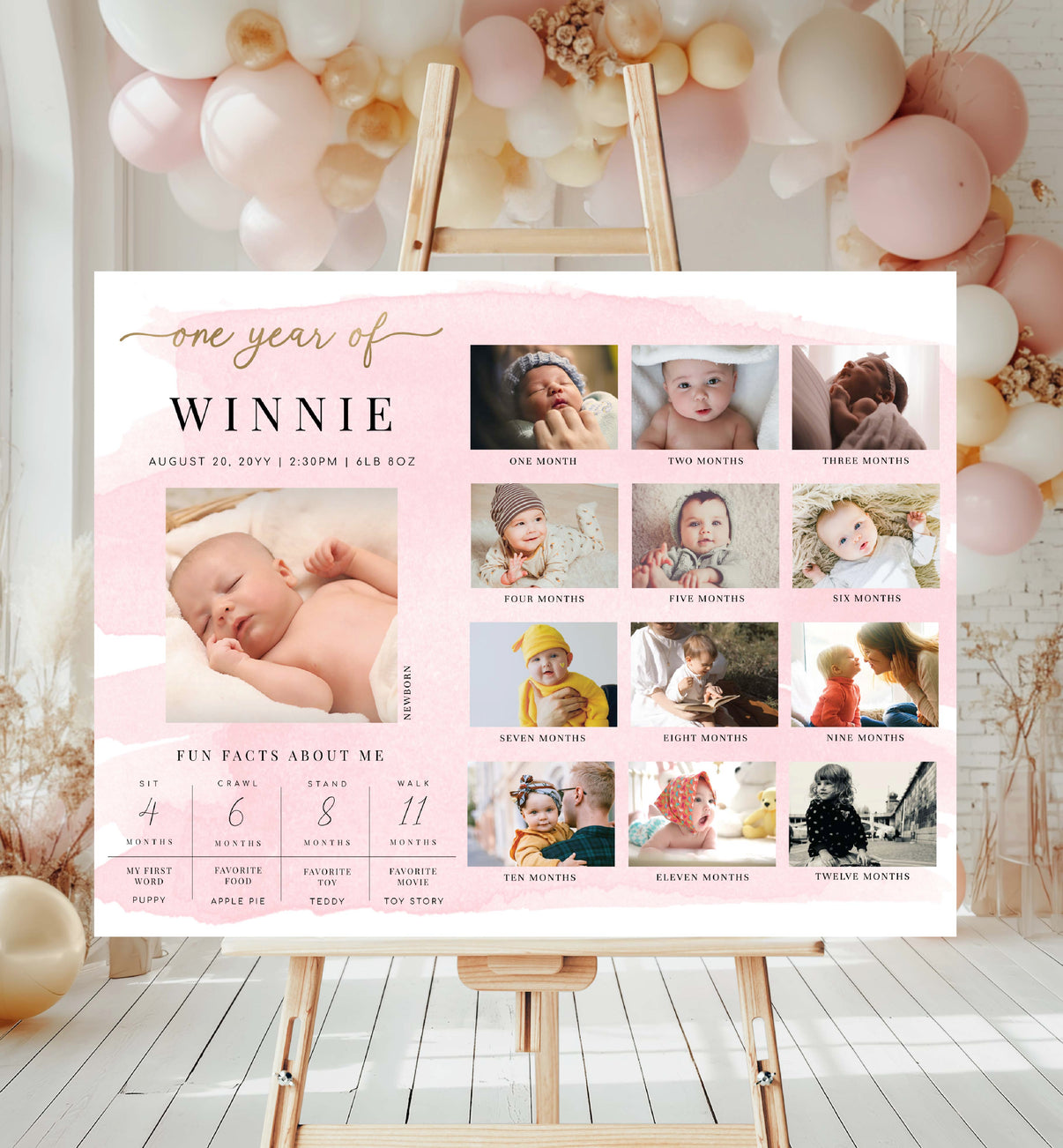 Watercolour Pink | Printable First Year Photo Timeline Sign Template ...