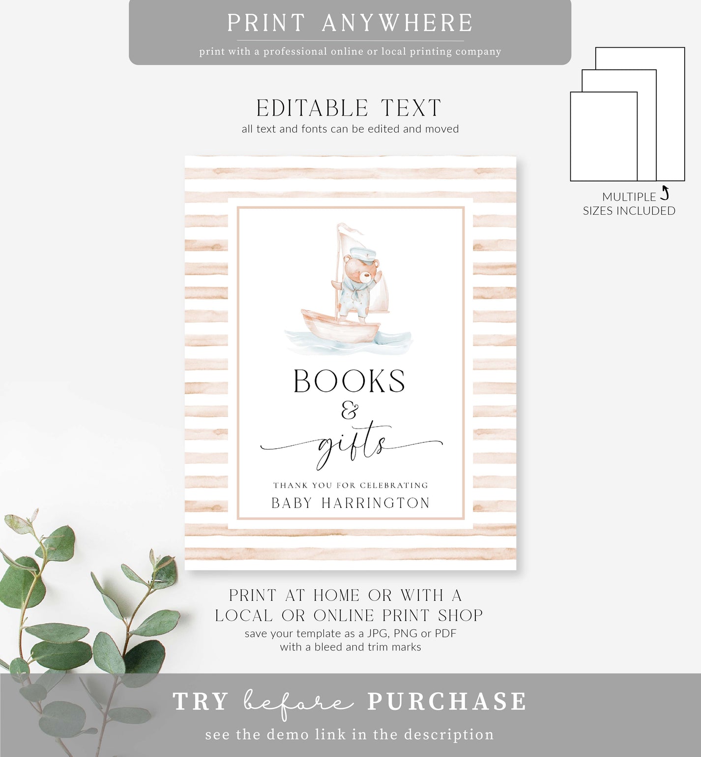 Sailor Bear Tan | Printable Books and Gifts Sign Template – Black Bow ...
