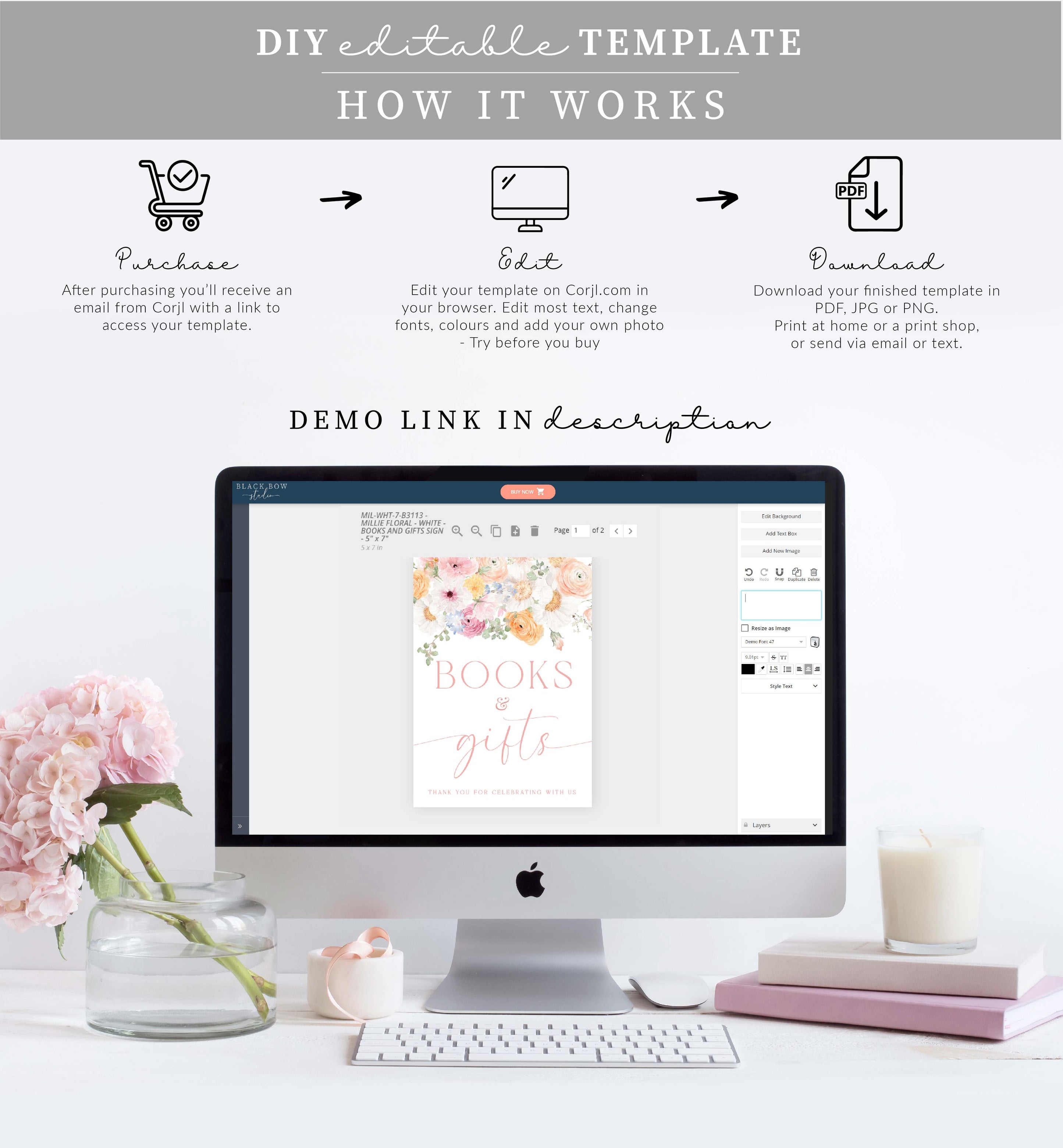 Millie Floral | Printable Books and Gifts Sign Template – Black Bow Studio