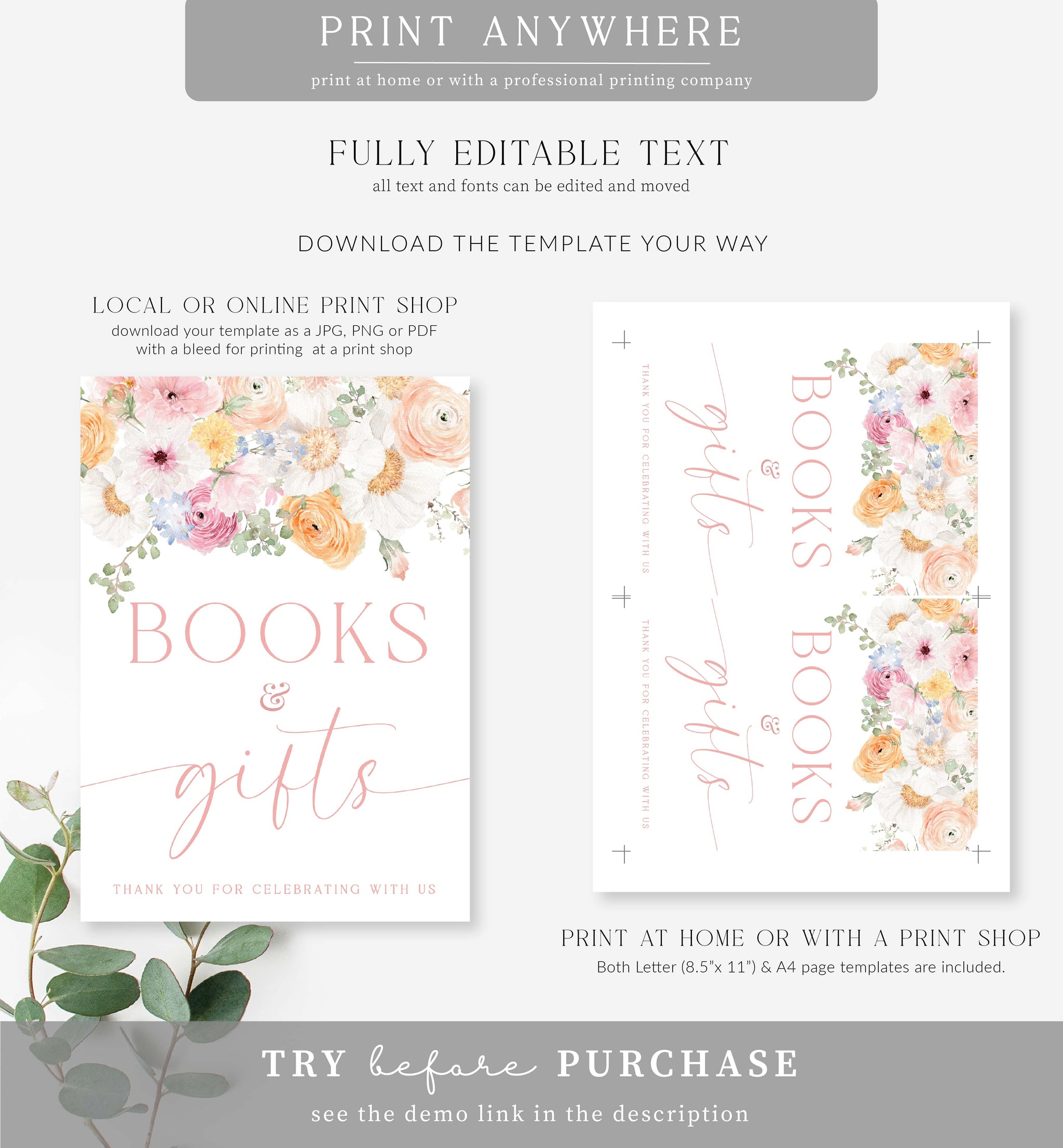 Millie Floral | Printable Books and Gifts Sign Template – Black Bow Studio