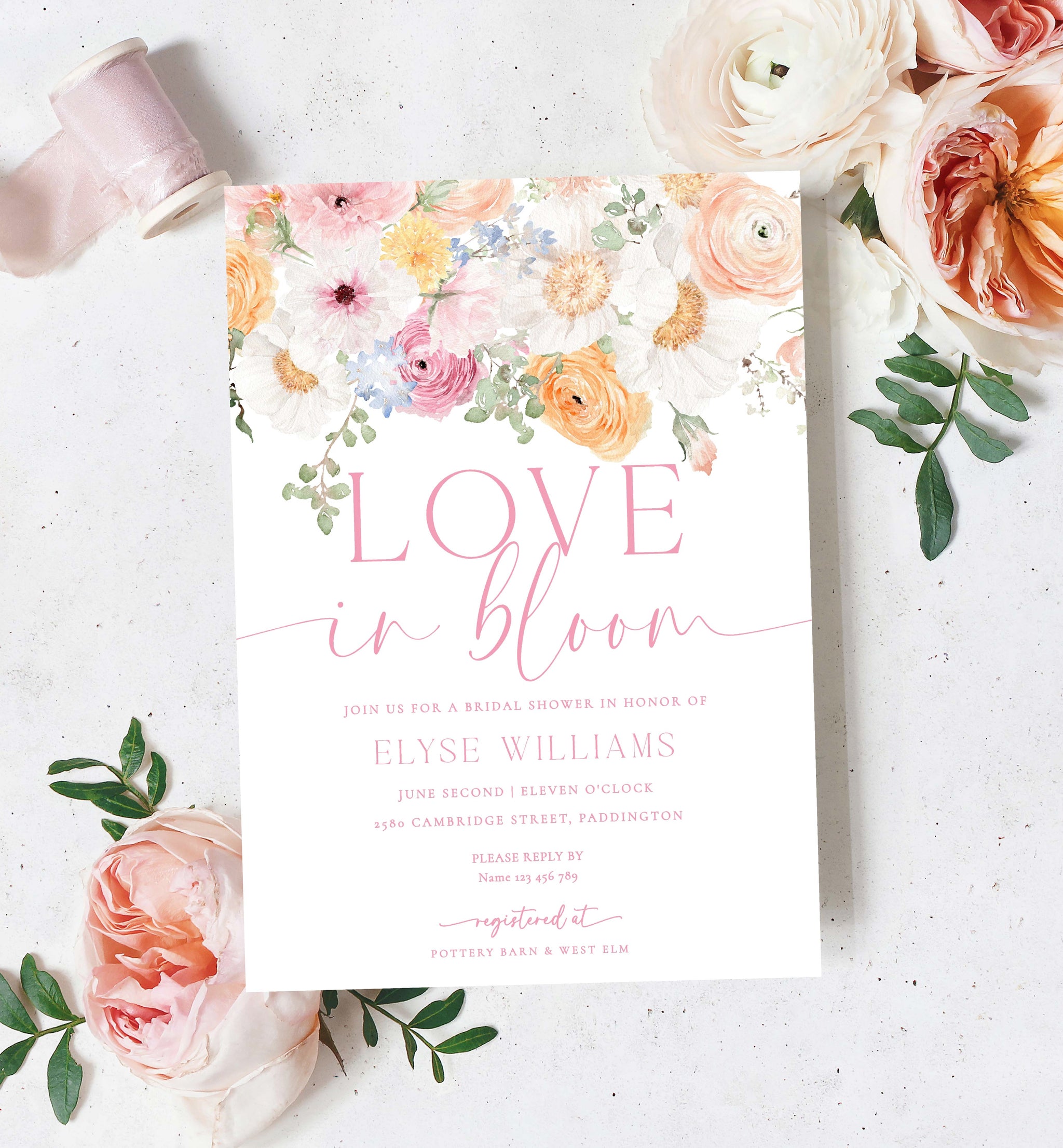 Millie Floral White | Printable Love In Bloom Bridal Shower Invitation ...