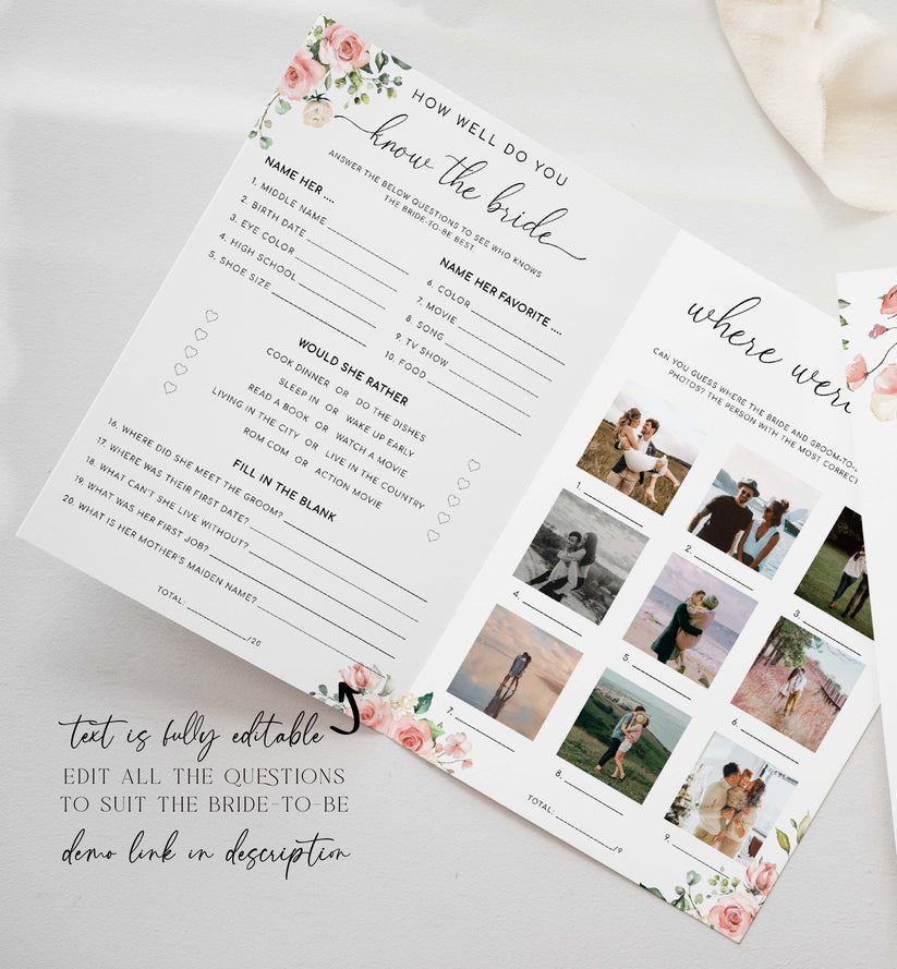 Darcy Pink | Printable Bridal Shower Game and Menu Booklet Template ...