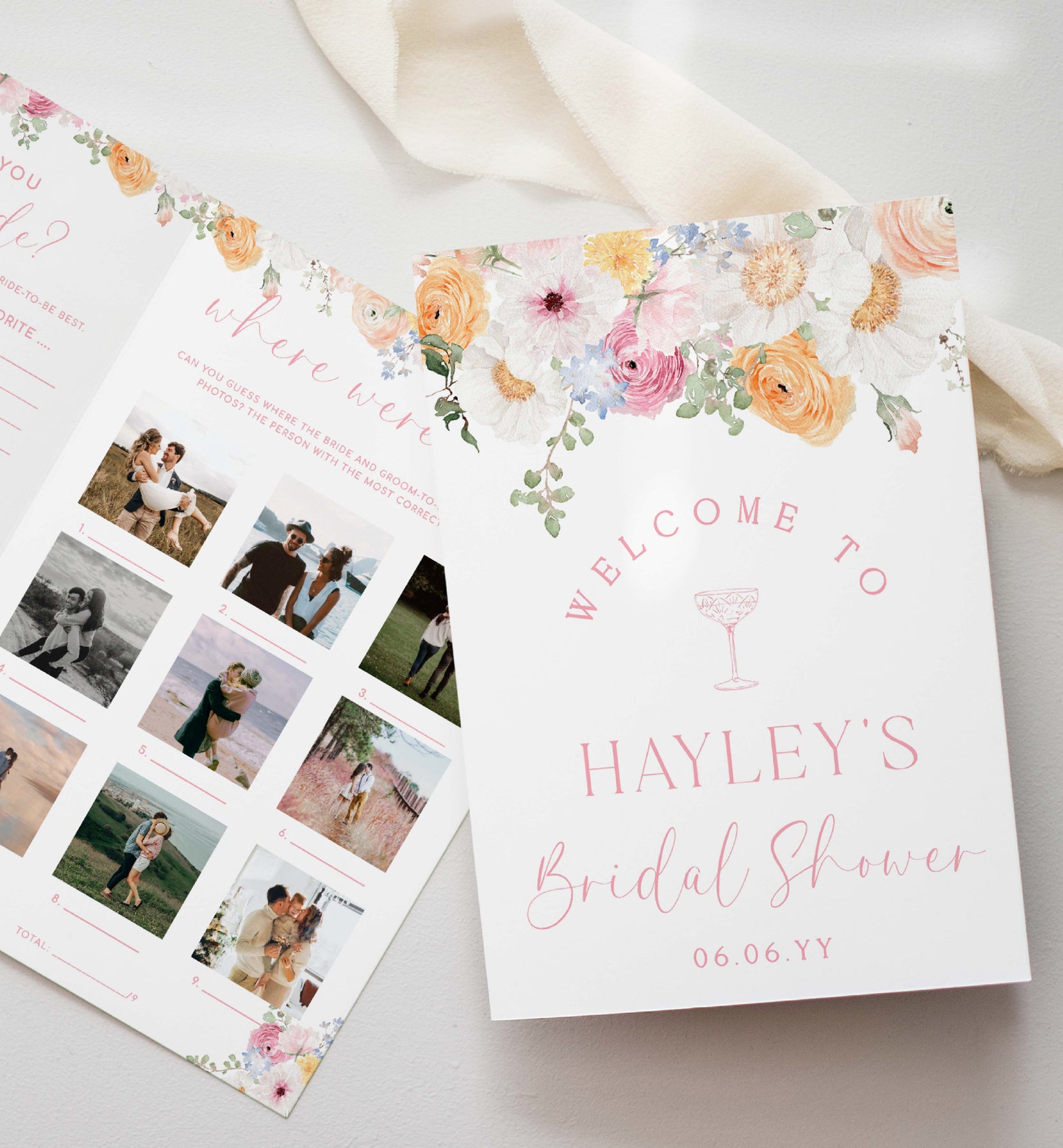 Millie Floral White | Printable Bridal Shower Game and Menu Booklet Te ...