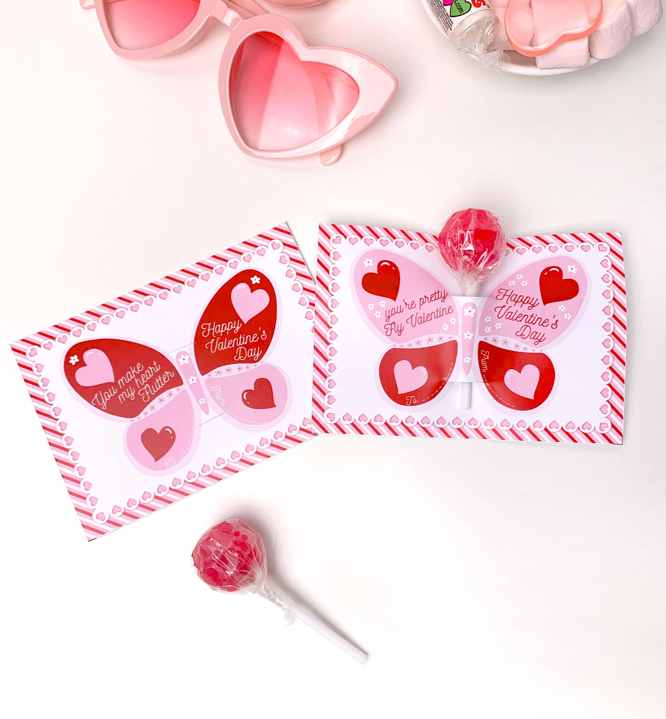 Stripe Red Pink | Printable Butterfly Valentine Lollipop Tag Template ...