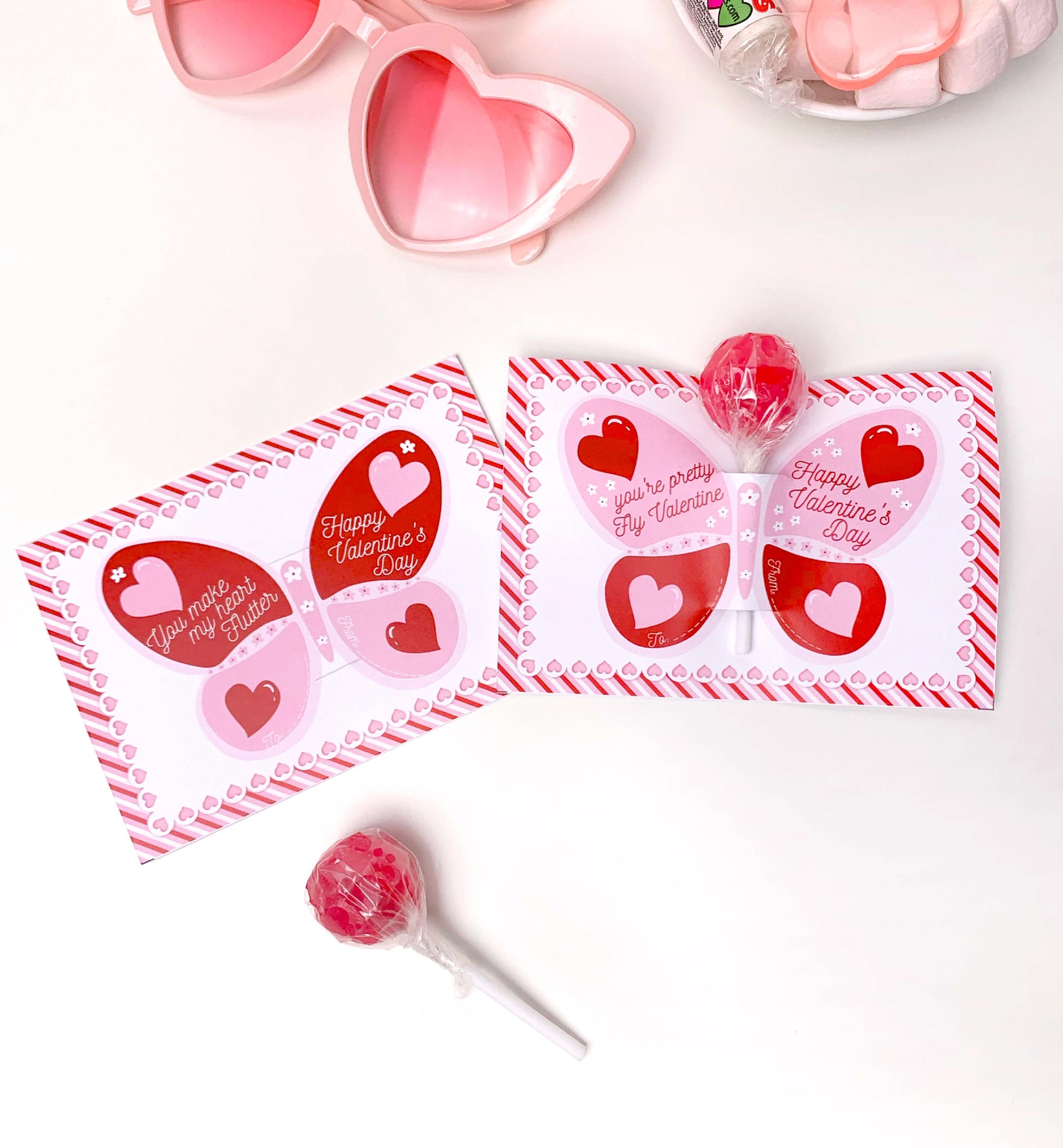 Stripe Red Pink | Printable Butterfly Valentine Lollipop Tag Template ...