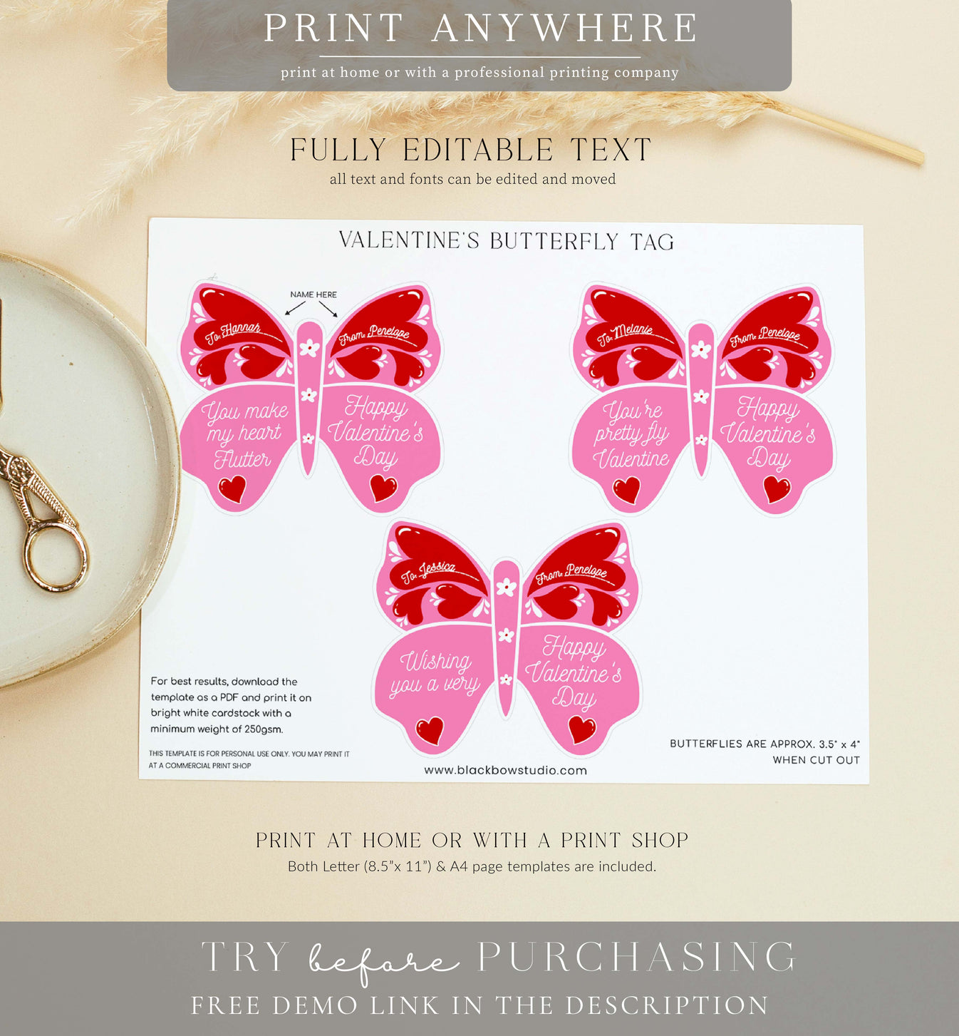 Valentine Red Pink | Printable Butterfly Lollipop Tag Template – Black ...