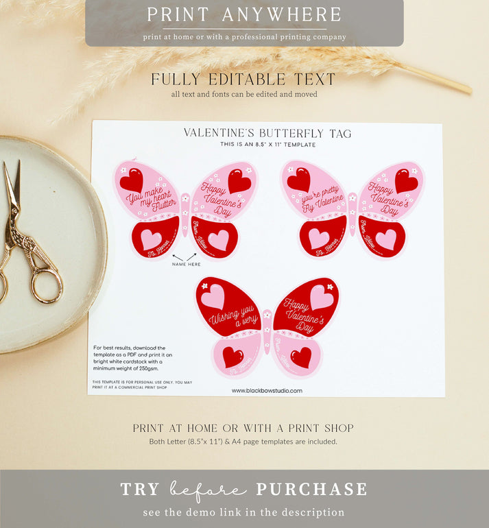 Stripe Red Pink | Printable Butterfly Valentine Lollipop Tag Template ...