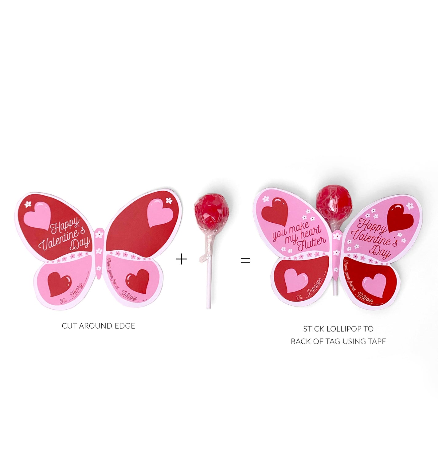 Stripe Red Pink | Printable Butterfly Valentine Lollipop Tag Template ...