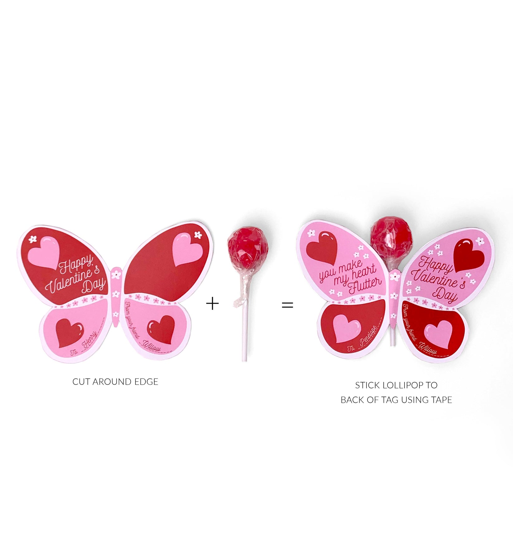 Stripe Red Pink | Printable Butterfly Valentine Lollipop Tag Template ...