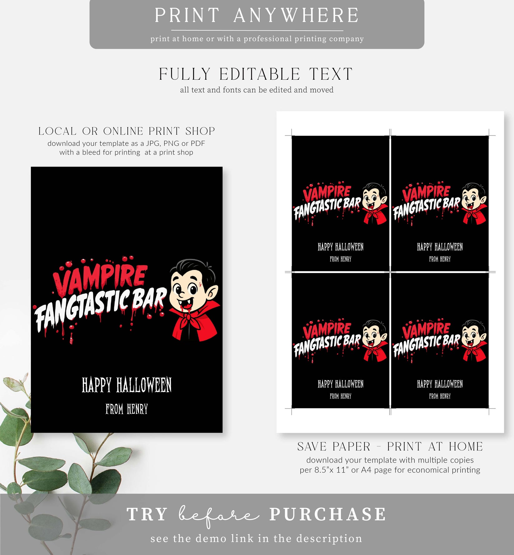Halloween | Printable Vampire Chocolate Wrappers Template – Black Bow ...