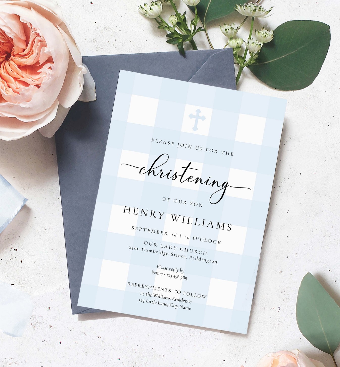 Gingham Blue | Printable Christening Invitation Template – Black Bow Studio