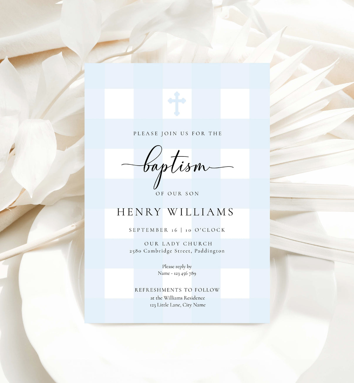 Gingham Blue | Printable Christening Invitation Template – Black Bow Studio