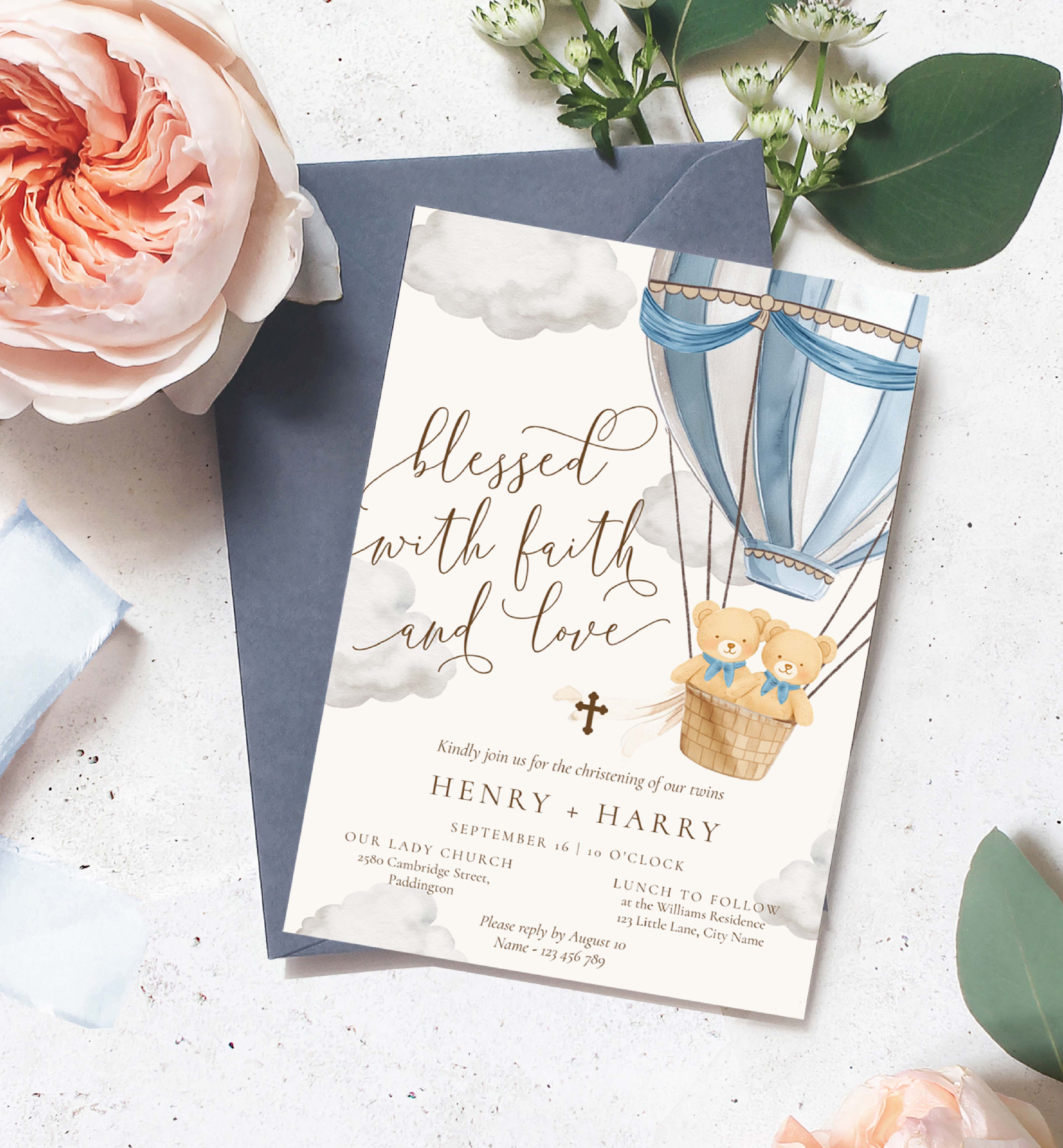 Beary Blue | Printable Christening Invitation Template – Black Bow Studio