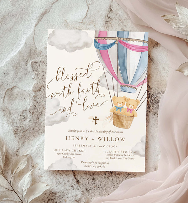 Bearly Pink Blue | Printable Christening Invitation Template – Black ...