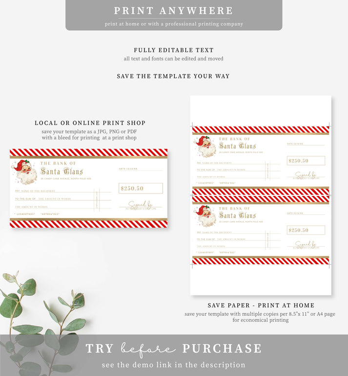 Stripe Red | Printable Christmas Santa Cheque Gift Voucher Template ...