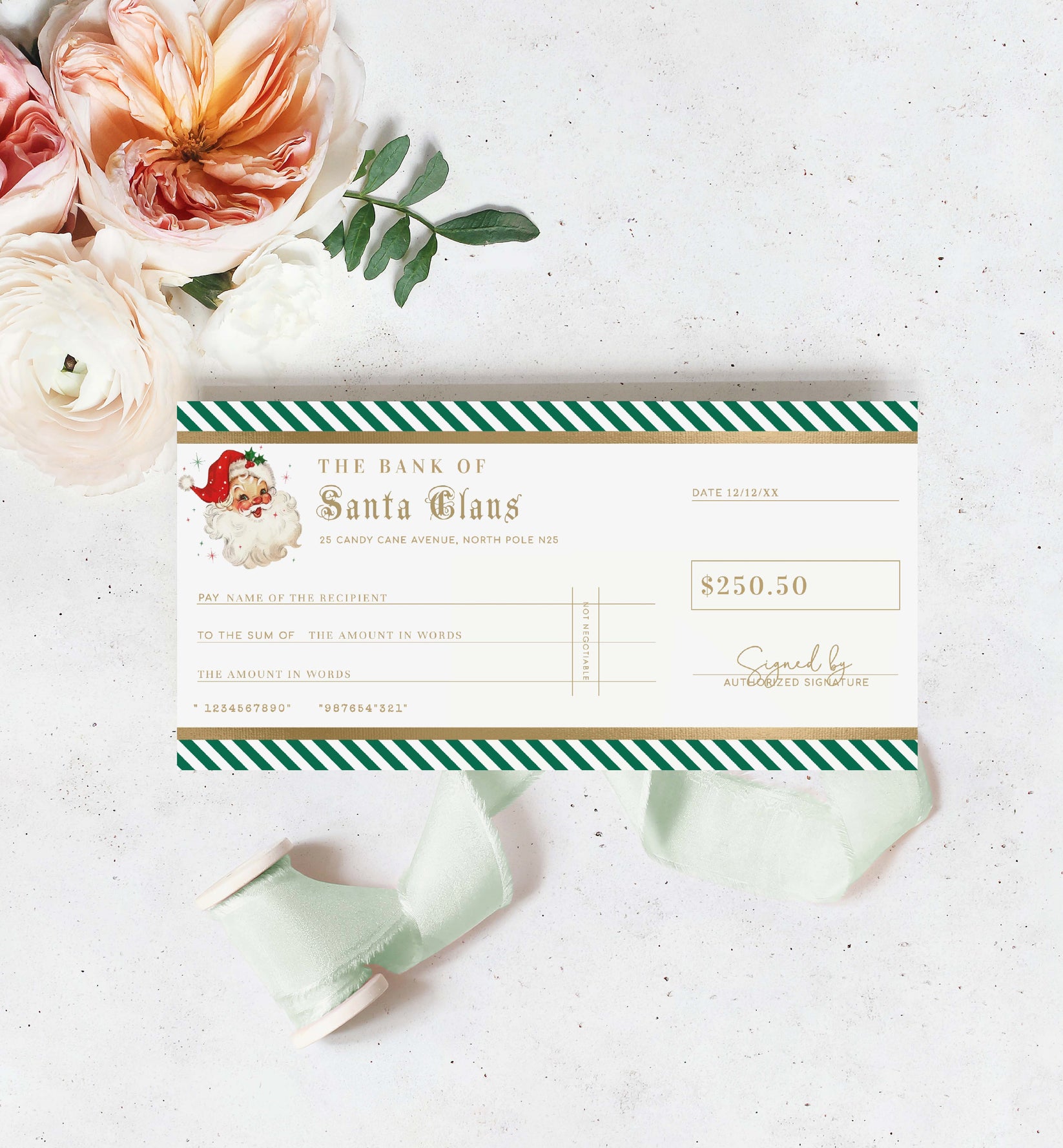 Stripe Green | Printable Christmas Santa Cheque Gift Voucher Template ...
