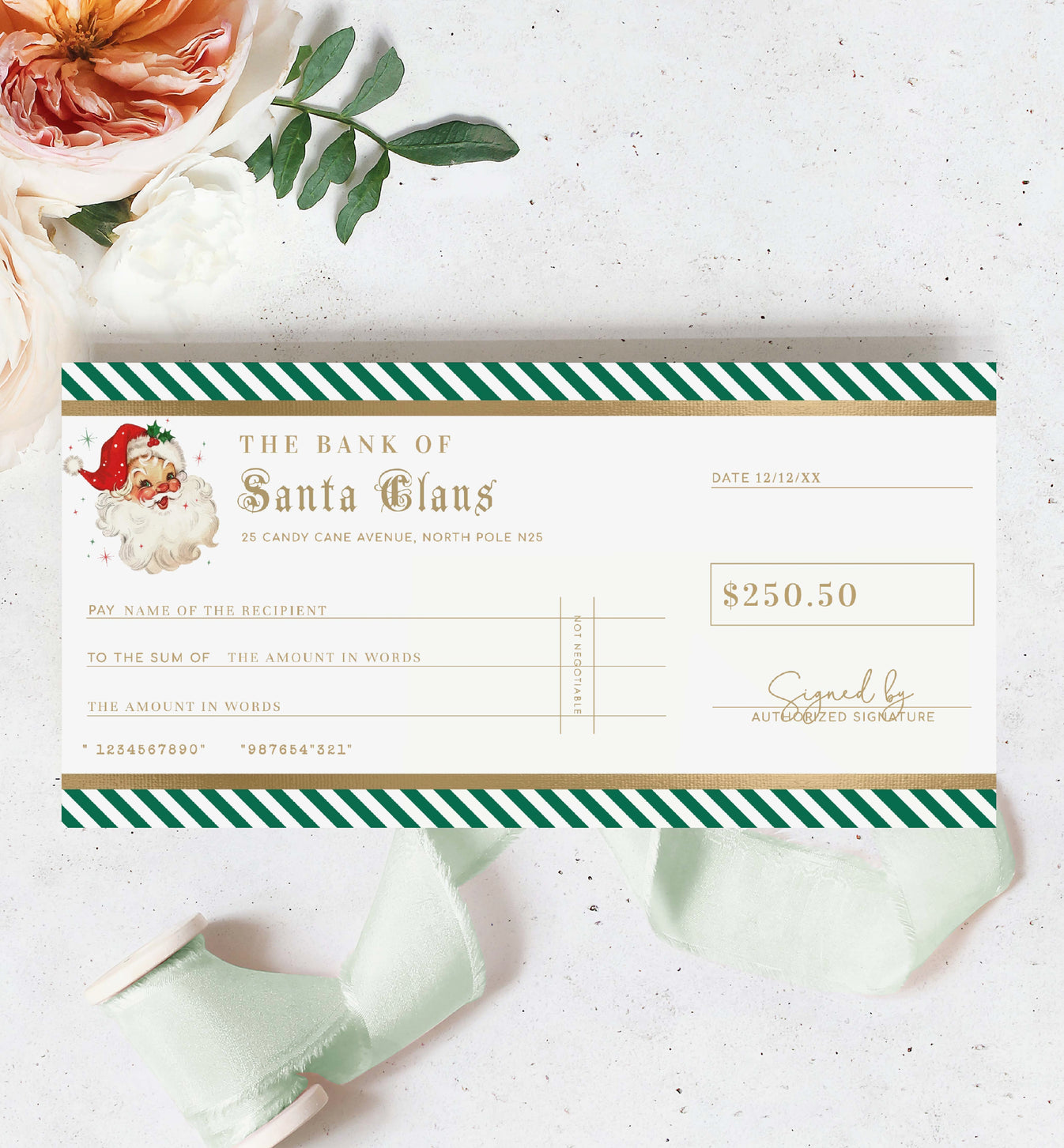 Stripe Green | Printable Christmas Santa Cheque Gift Voucher Template ...
