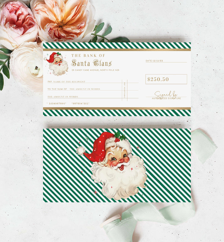 Stripe Green | Printable Christmas Santa Cheque Gift Voucher Template ...