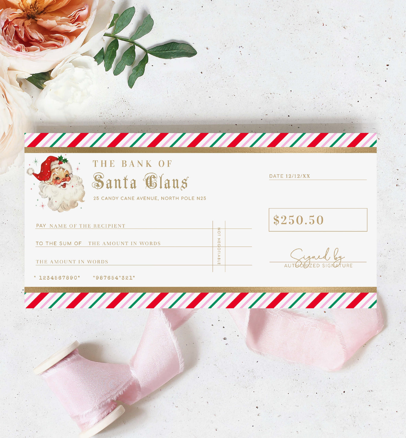 Stripe Pink Multi | Printable Christmas Santa Cheque Gift Voucher Temp ...