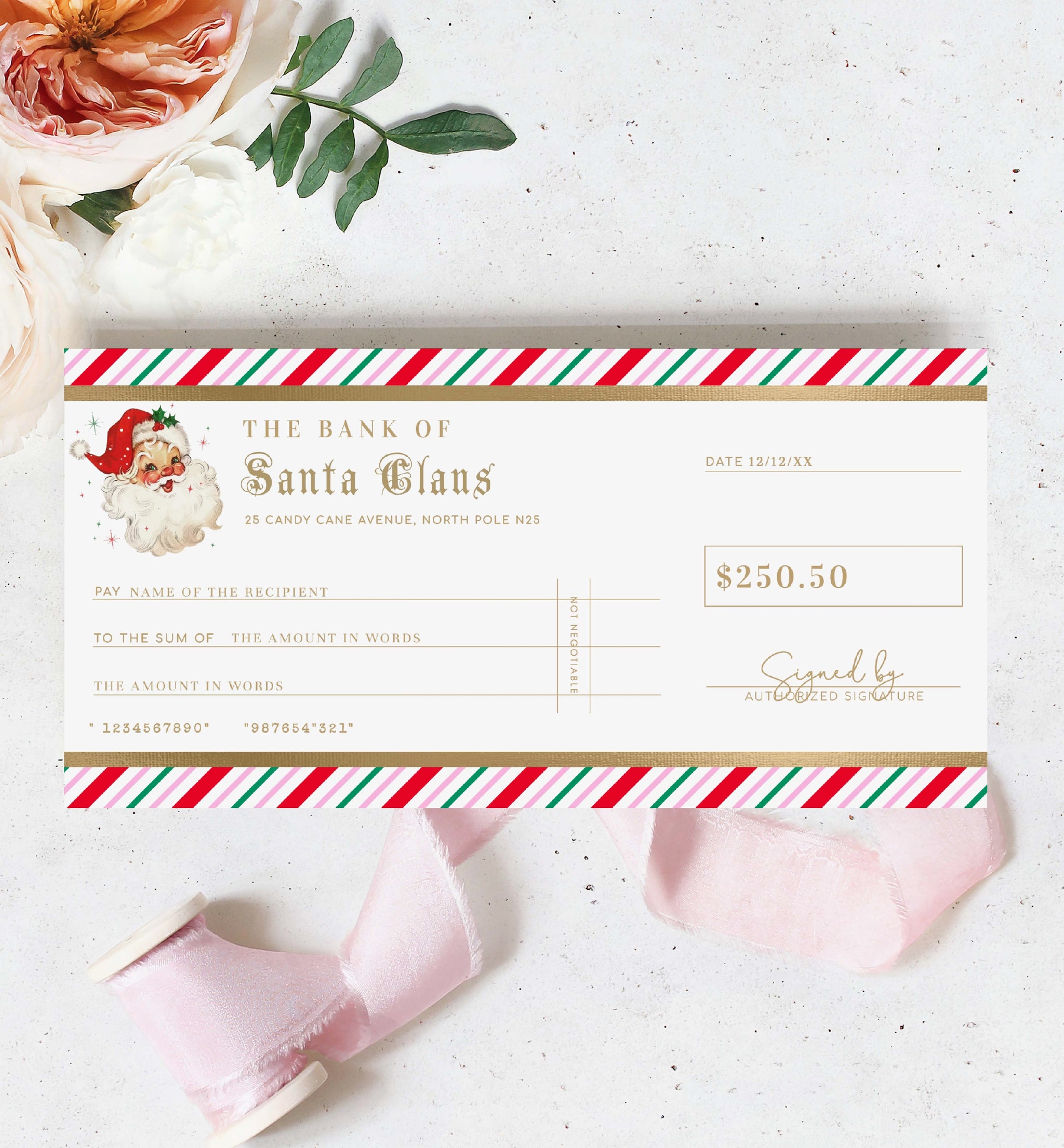 Stripe Pink Multi | Printable Christmas Santa Cheque Gift Voucher Temp ...