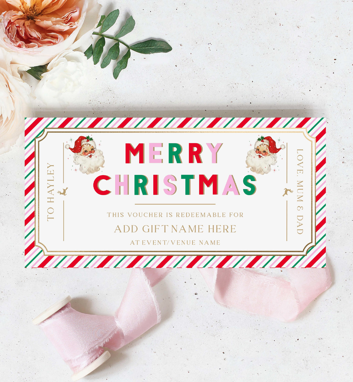 Stripe Pink Multi | Printable Christmas Custom Gift Voucher Template ...