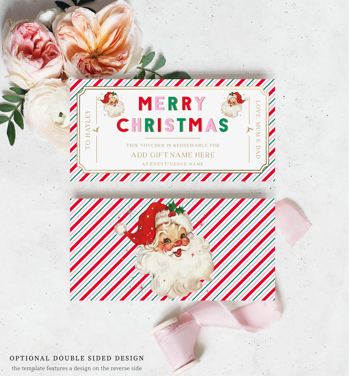 Stripe Pink Multi | Printable Christmas Custom Gift Voucher Template ...